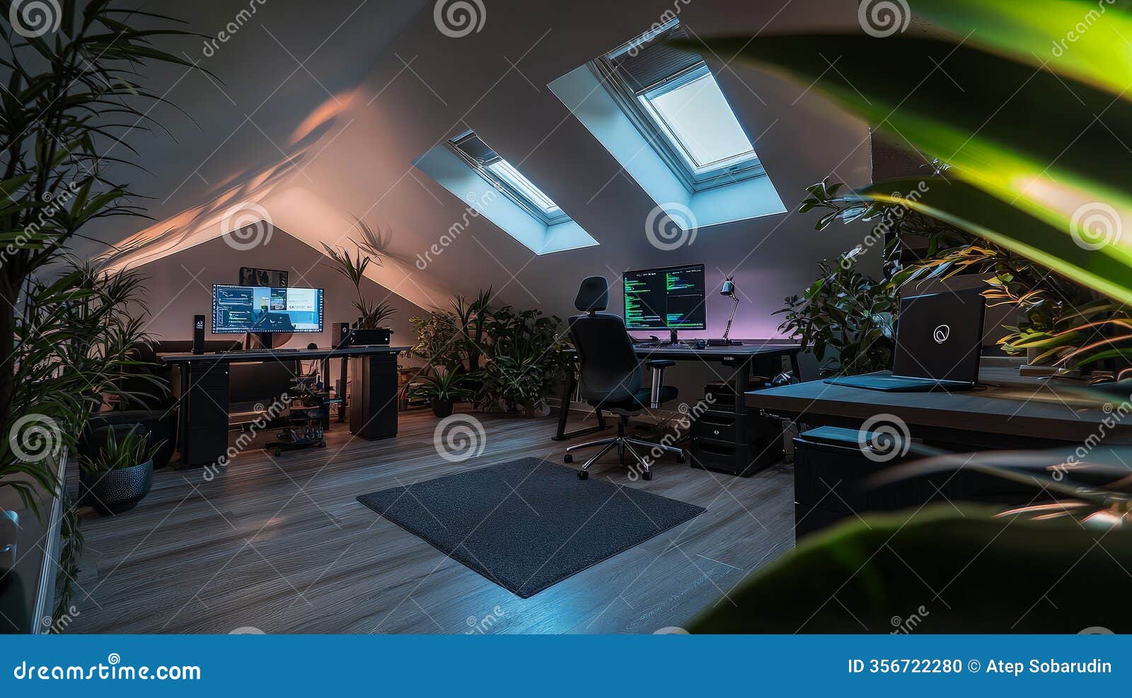 Attic Home Office, Plants, Desk Setup, Coding, Night Stock Photo ...