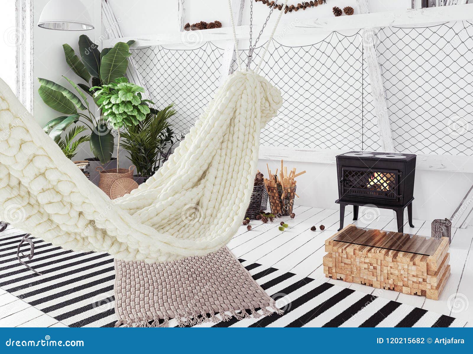 Attic Interior Design Idea with Hammock, Scandinavian Boho Style Stock ...