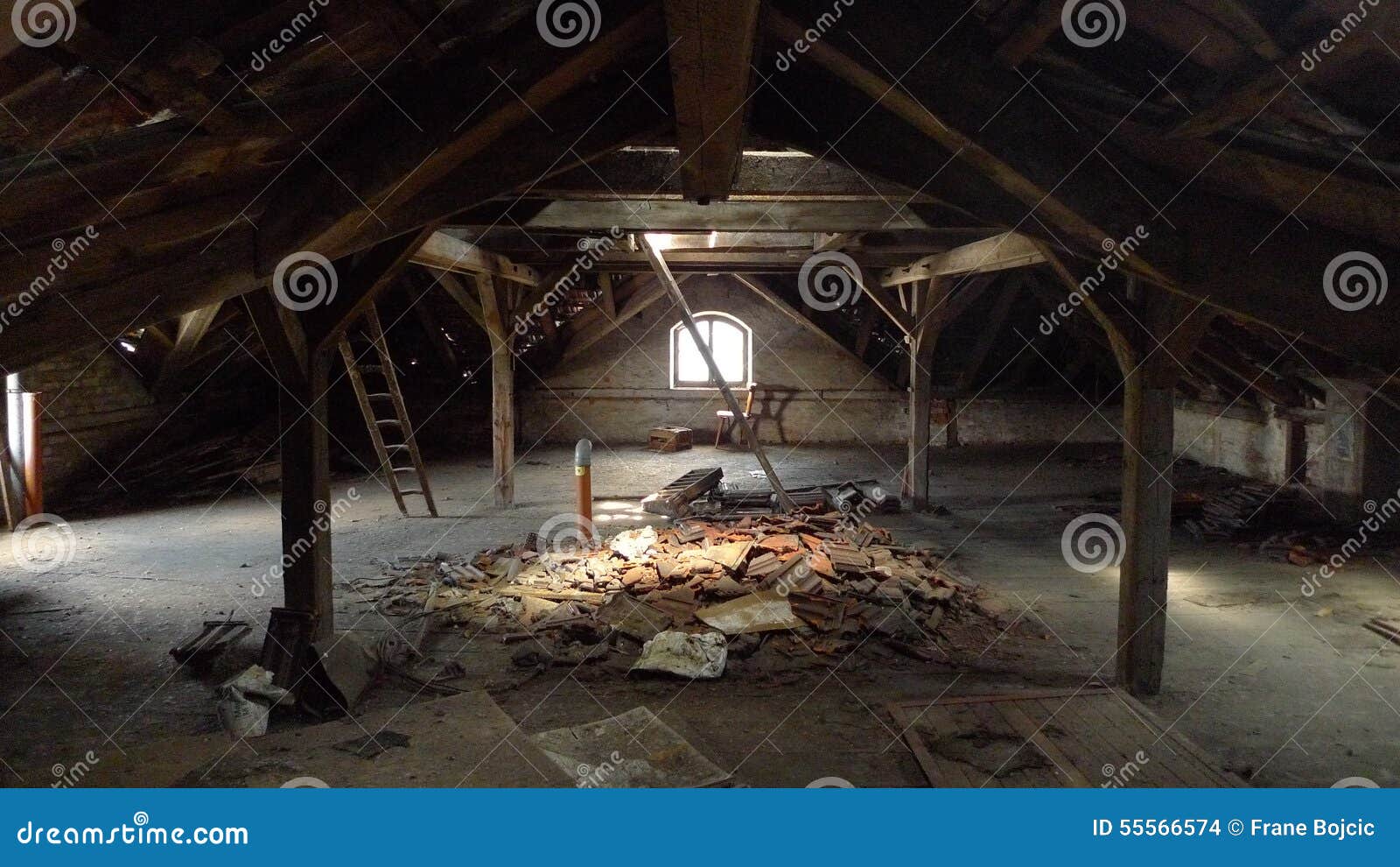 Attic stock photo. Image of debris, attic, dark, damage - 55566574
