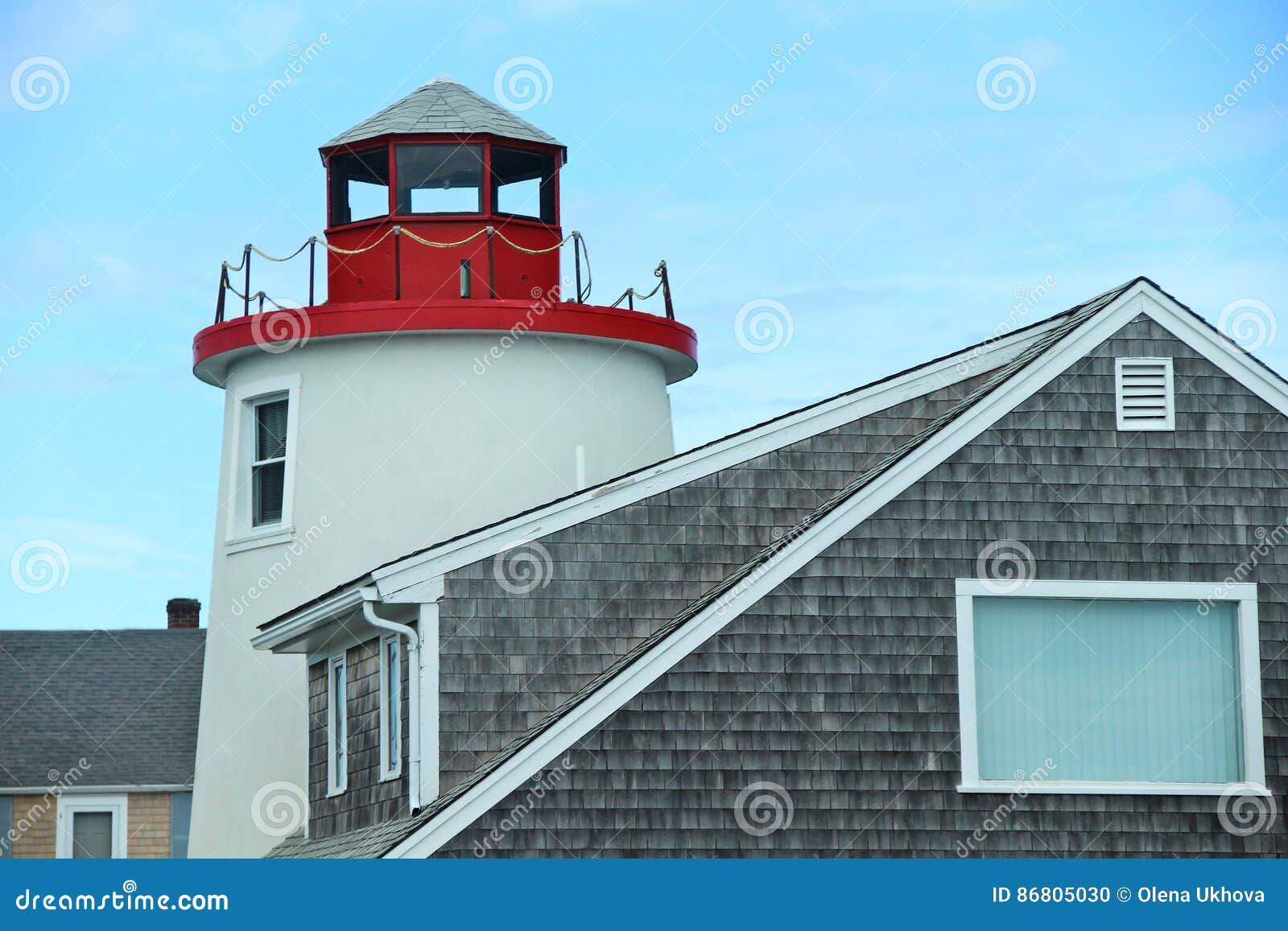Attic and Roof Lined with Gray-tiled Tower Lighthouse on Blue S Stock ...