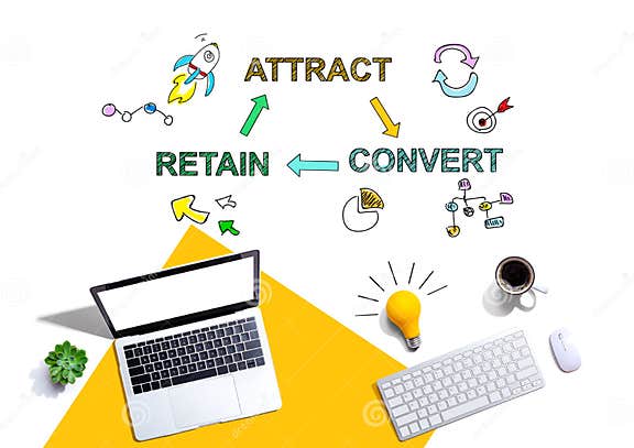 Attract Convert Retain Concept with Computers and a Lightbulb Stock ...