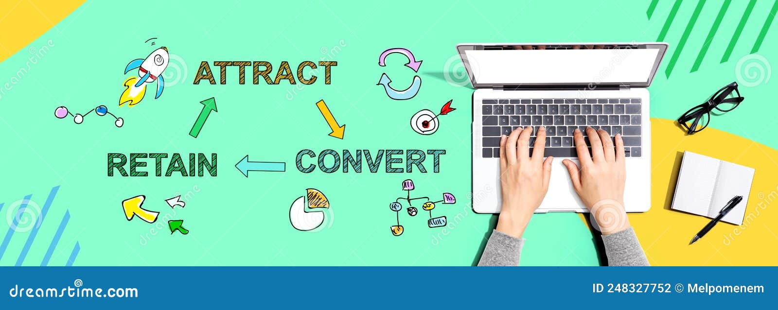 Attract Convert Retain Concept with Person Using a Laptop Stock ...
