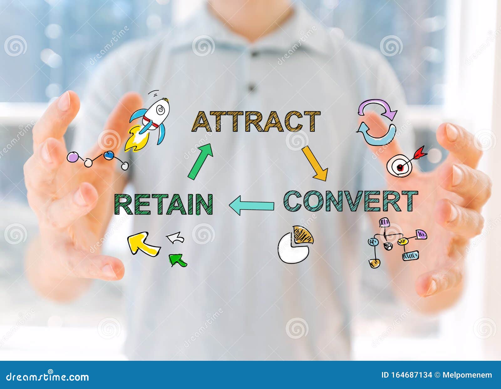 Attract Convert Retain with Man Holding His Hands Stock Photo - Image ...