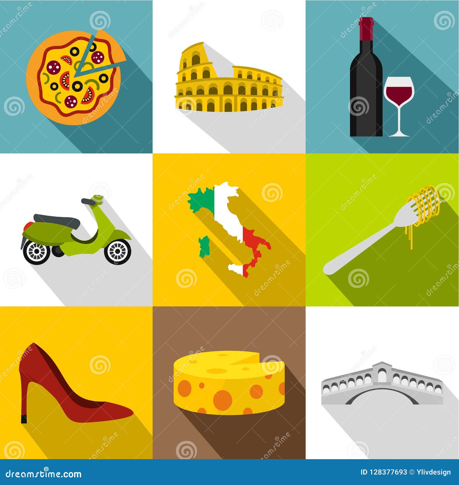 Attractions of Italy Icons Set, Flat Style Stock Illustration ...