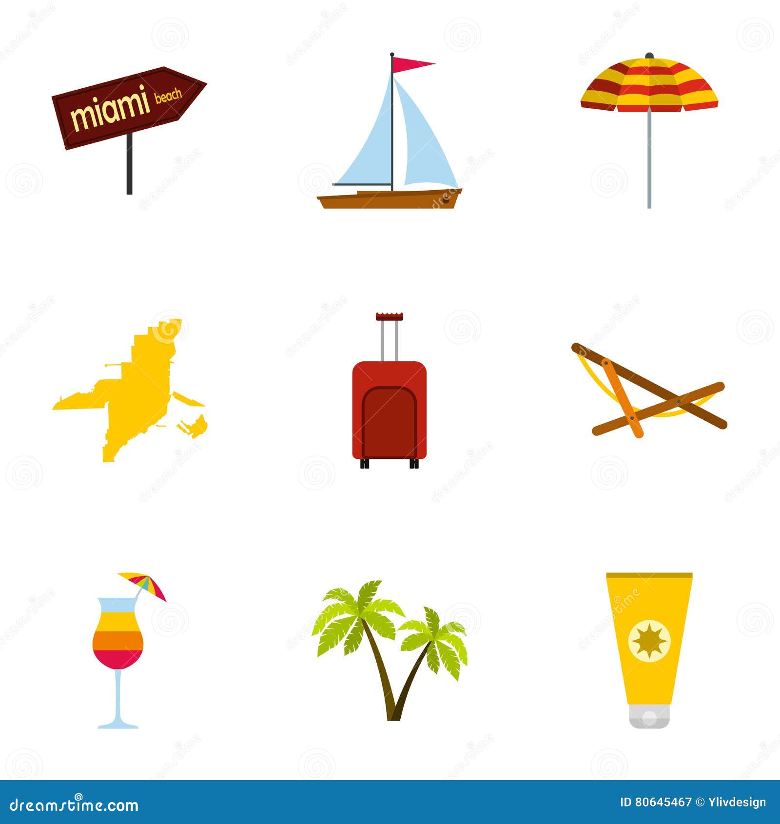 Attractions of Miami Icons Set, Flat Style Stock Vector - Illustration ...