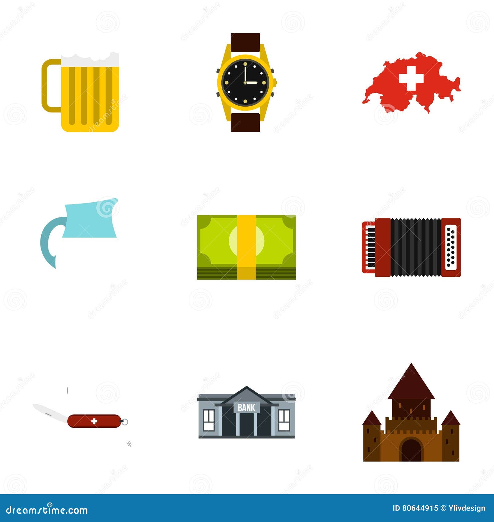 Attractions of Switzerland Icons Set, Flat Style Editorial Image ...