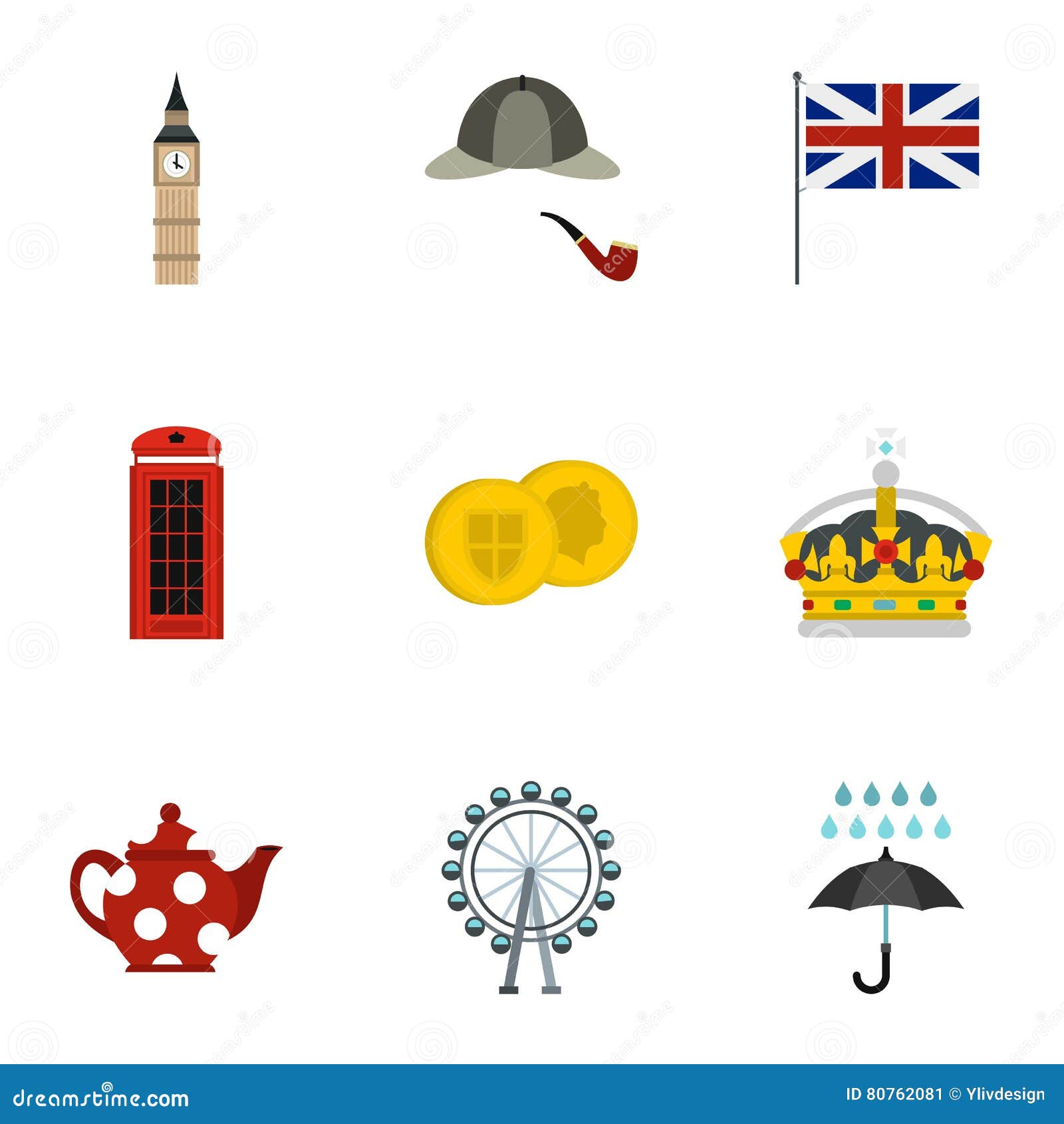 Attractions of United Kingdom Icons Set Stock Vector - Illustration of ...