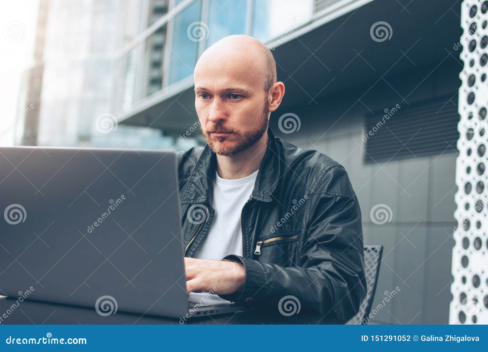 Attractive Adult Successful Bald Bearded Man In Black Jacket With