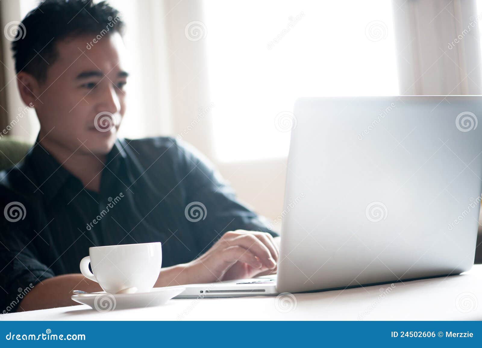 Attractive Asian Male Using Laptop Stock Photo - Image of coffee ...