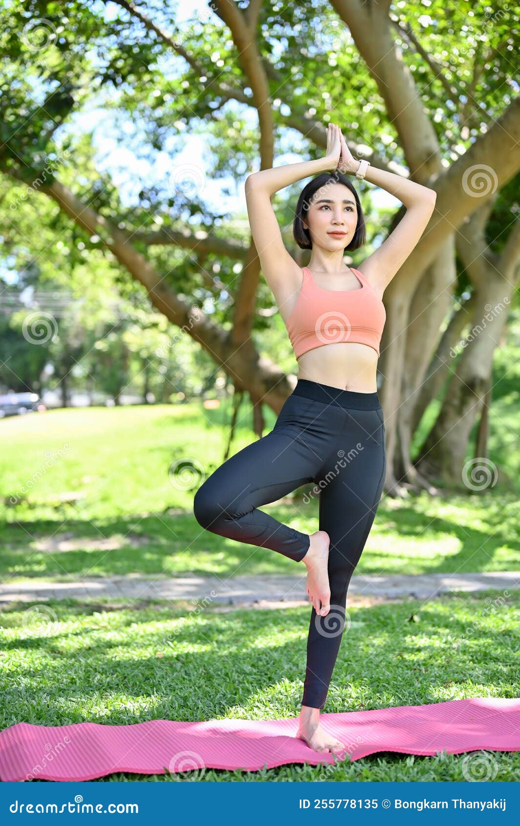Attractive Asian Woman Practice Yoga Exercise In The Park Standing