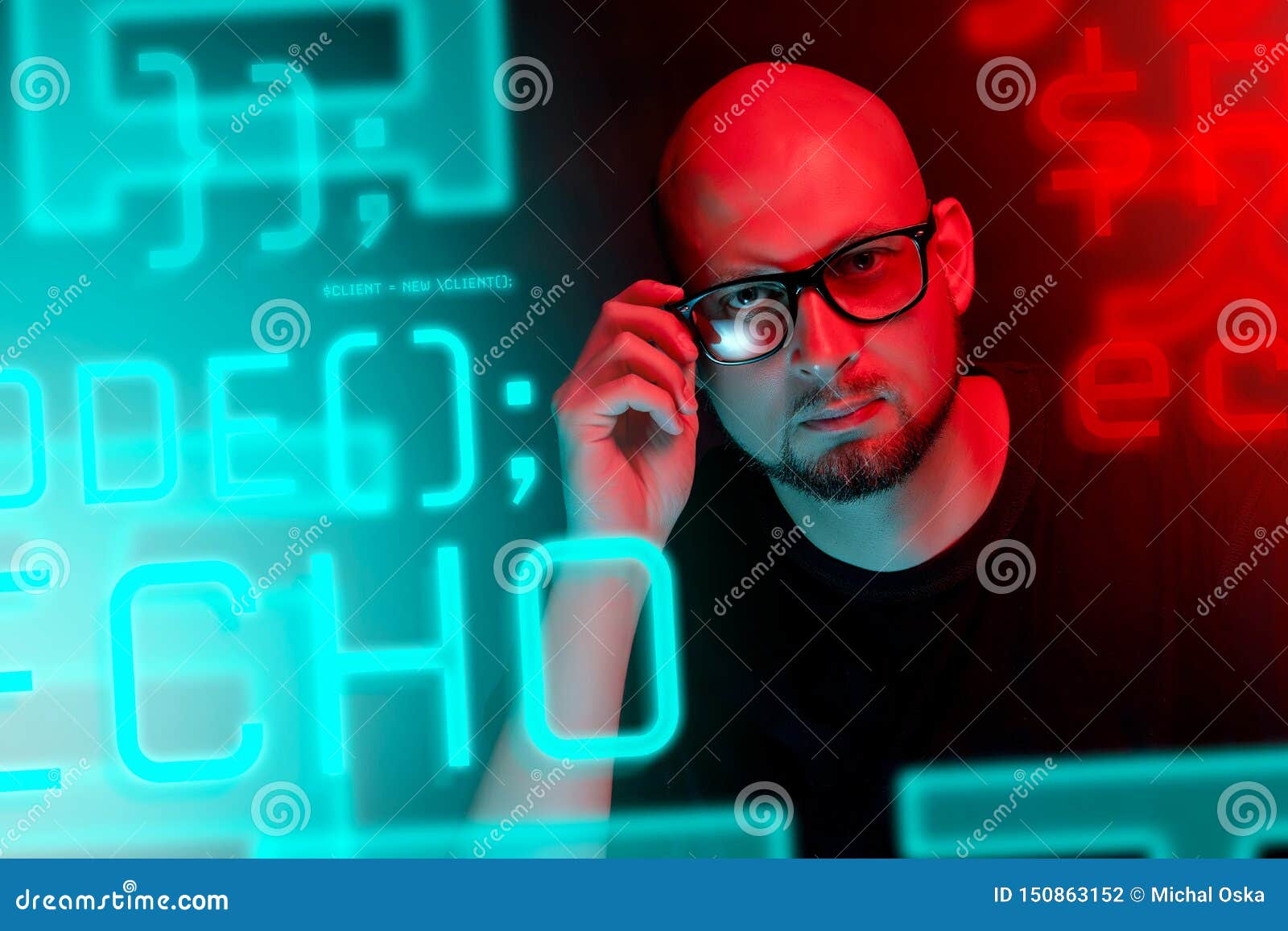 Attractive Bald Man with Beard in Glasses on Neon Light Background ...
