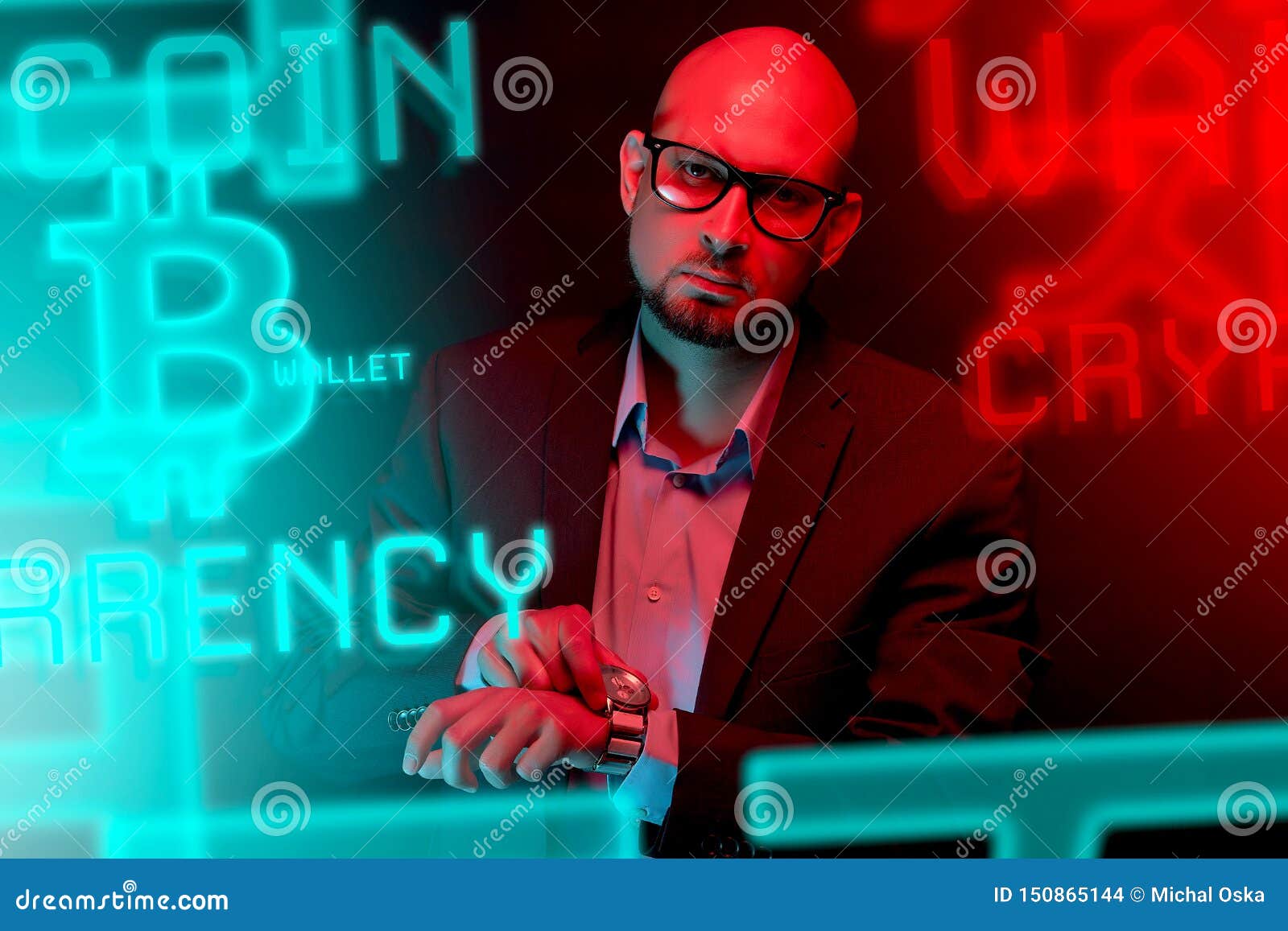 Attractive Bald Man with Beard with Glasses on Neon Light Background ...