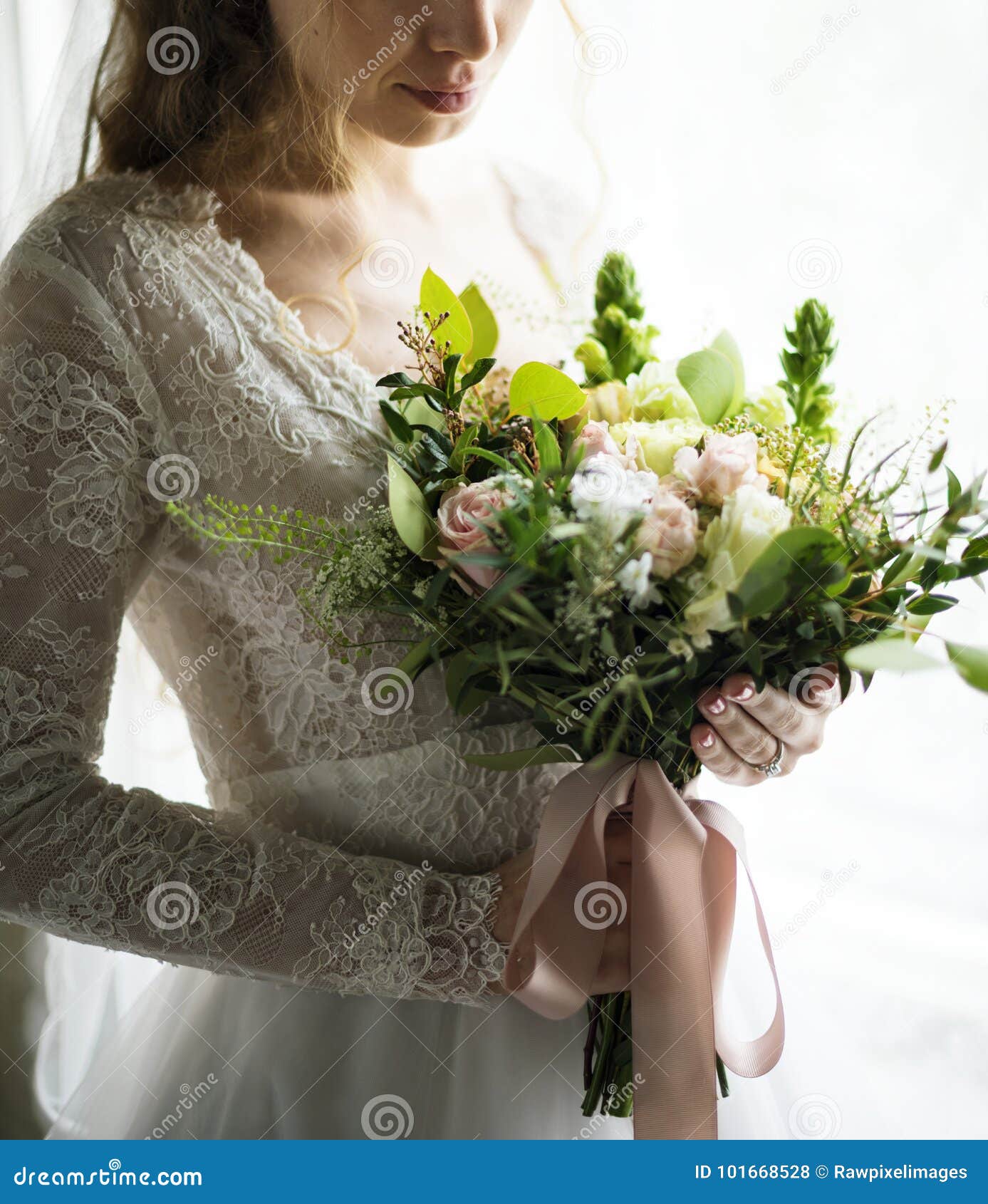 Attractive Beautiful Bride Holding Flowers Bouquet Stock Photo - Image ...
