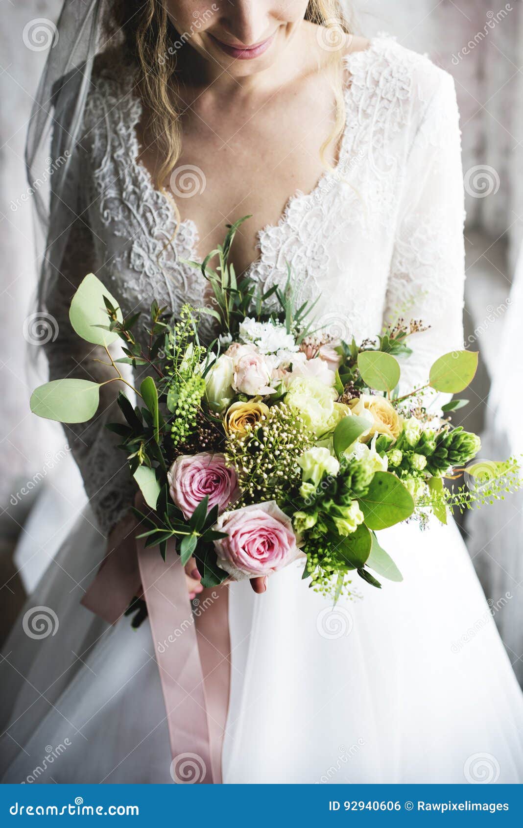 Attractive Beautiful Bride Holding Flowers Bouquet Stock Photo - Image ...