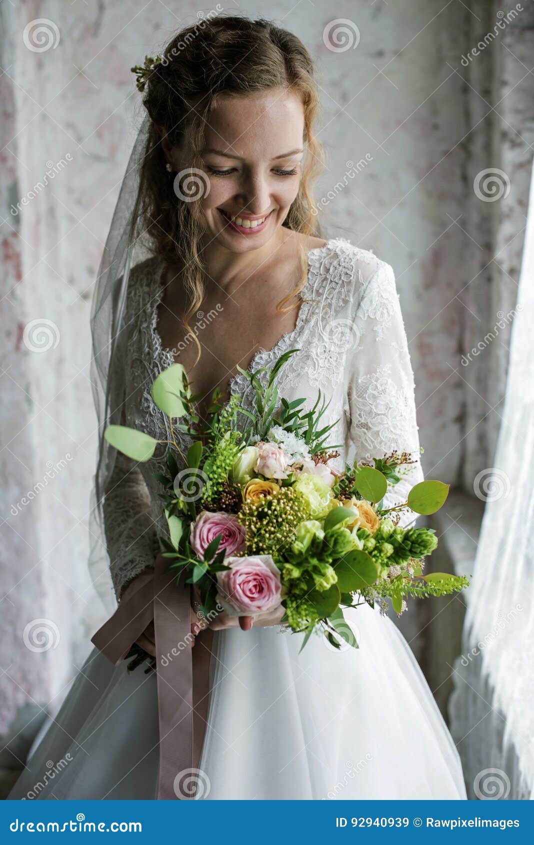 Attractive Beautiful Bride Holding Flowers Bouquet Stock Image - Image ...