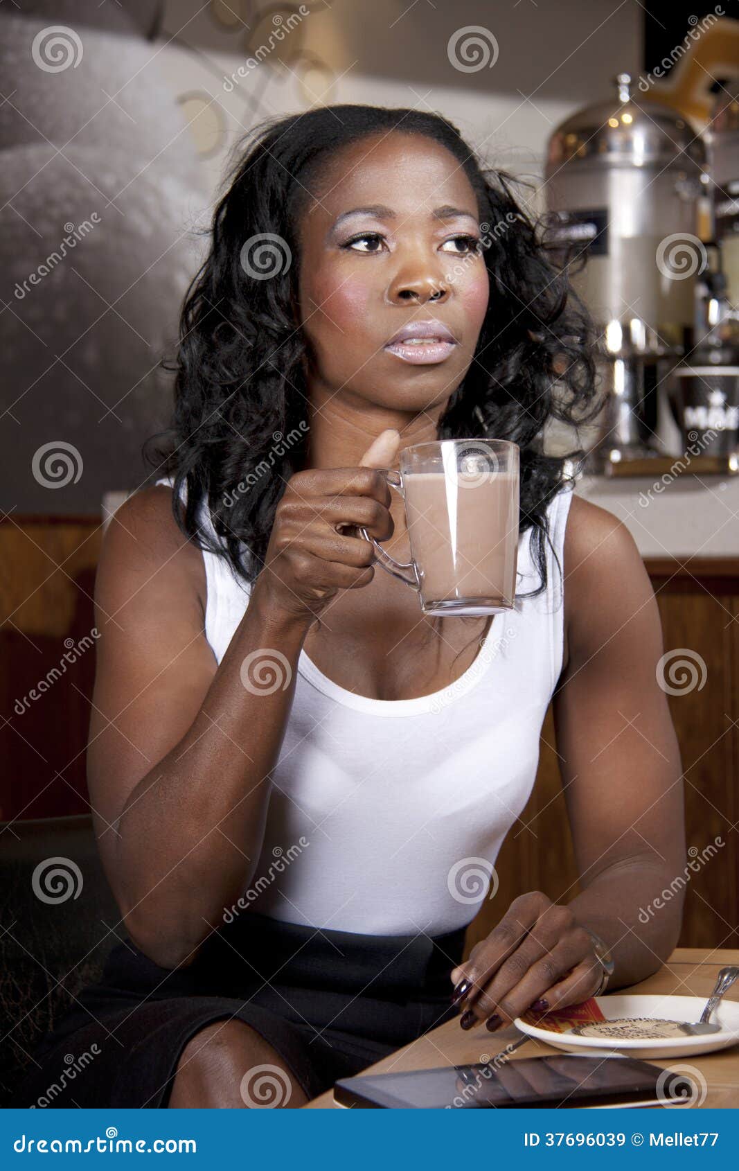 Attractive Black Woman Think and Drinking Coffee Stock Image - Image of ...