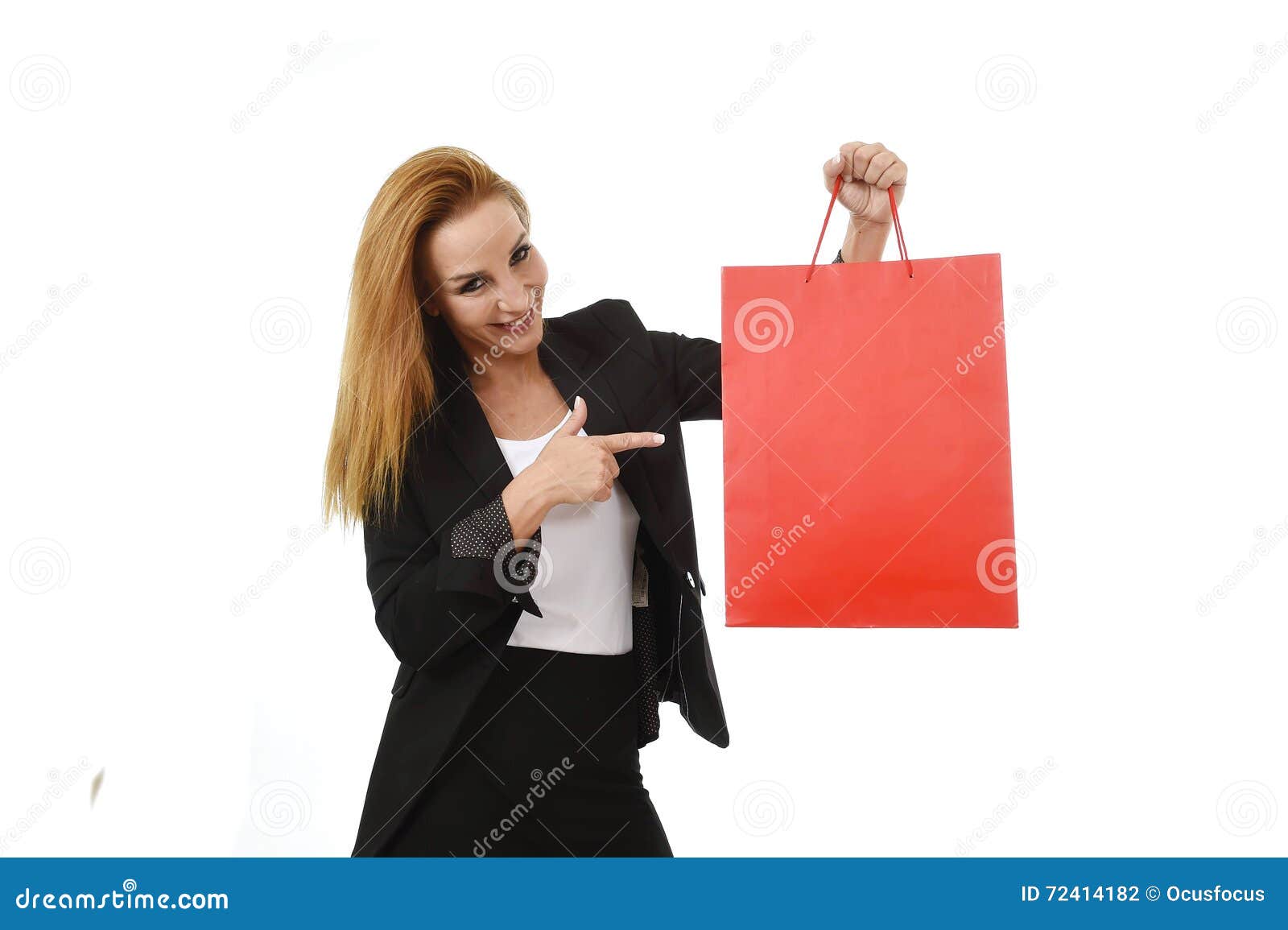 Attractive Blond Businesswoman Holding Red Shopping Bag Smiling Happy