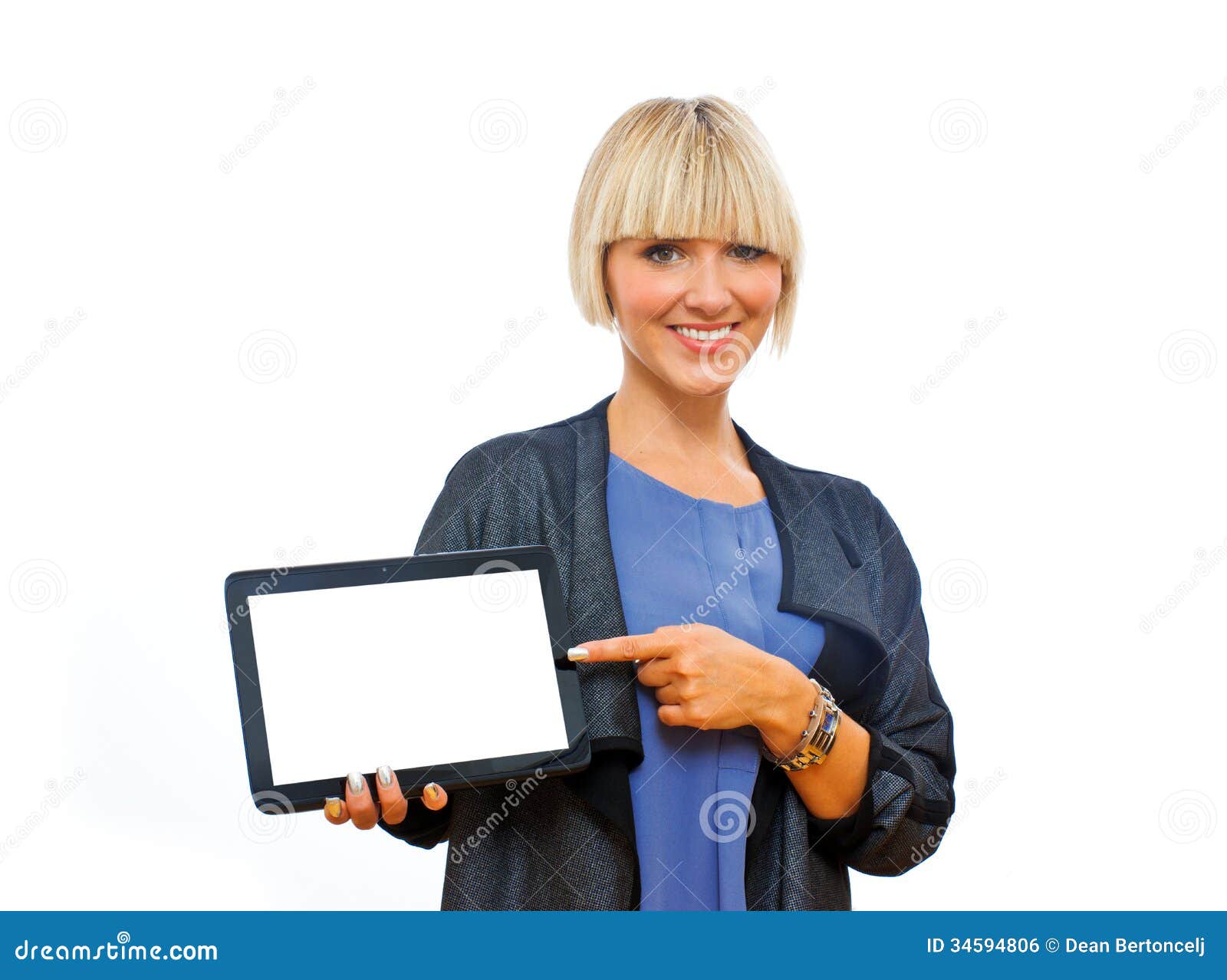 Attractive Blond Woman Holding Tablet Stock Photo - Image of frame ...