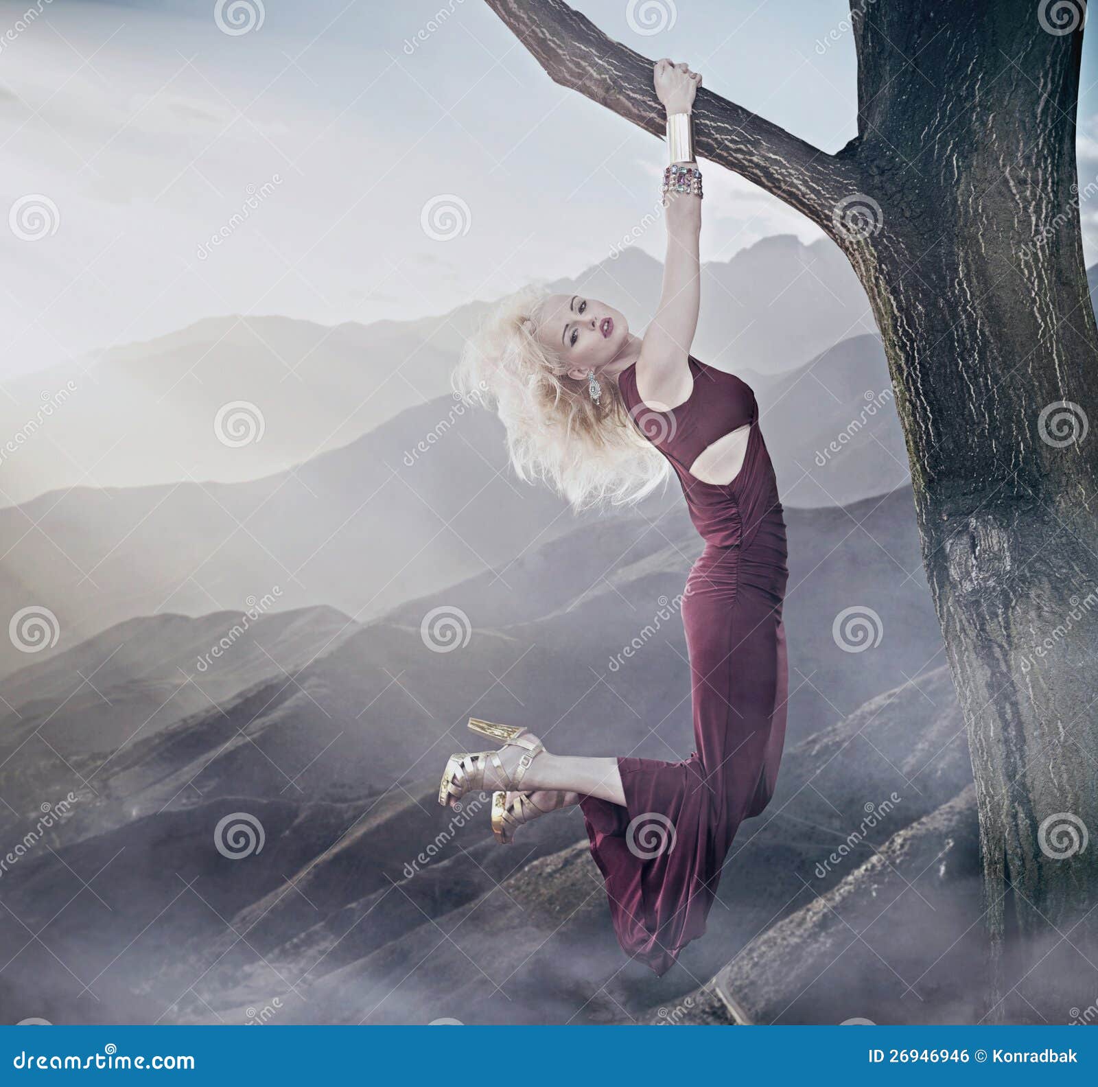 Attractive Blonde Lady Hanging on a Tree Stock Photo - Image of extreme ...