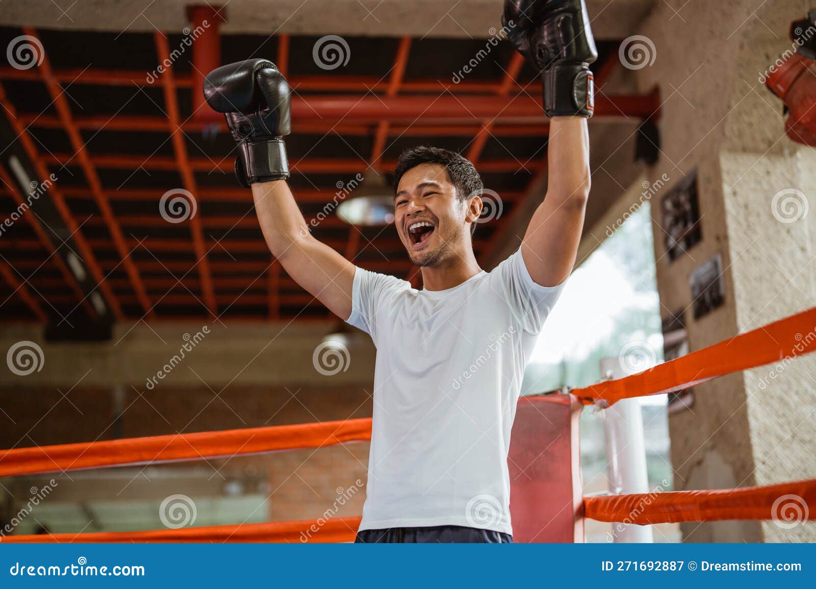Attractive Boxer Happily Standing Raising His Hand Stock Image - Image ...