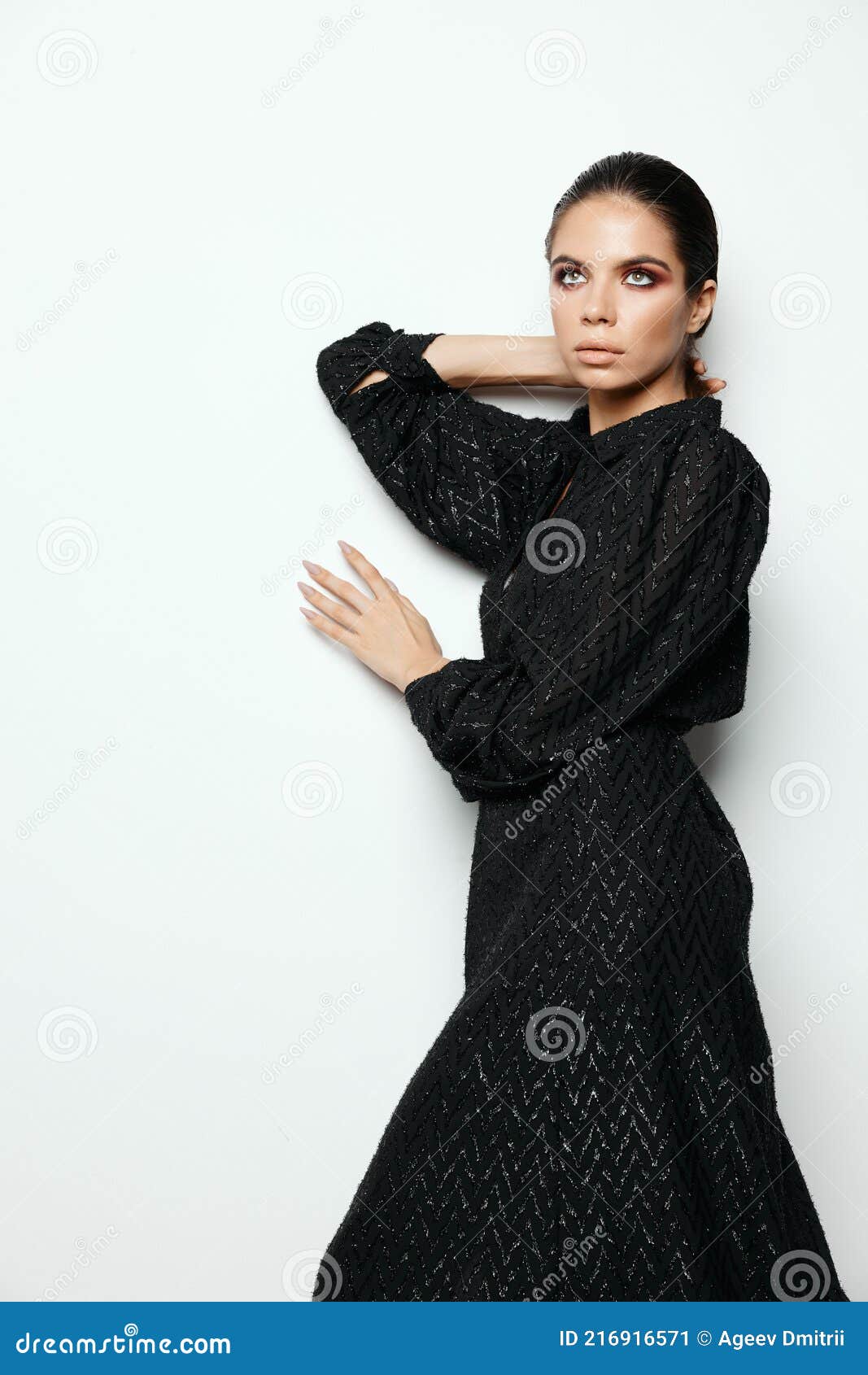 Attractive Brunette Bright Makeup Black Dress Fashion Modern Styles