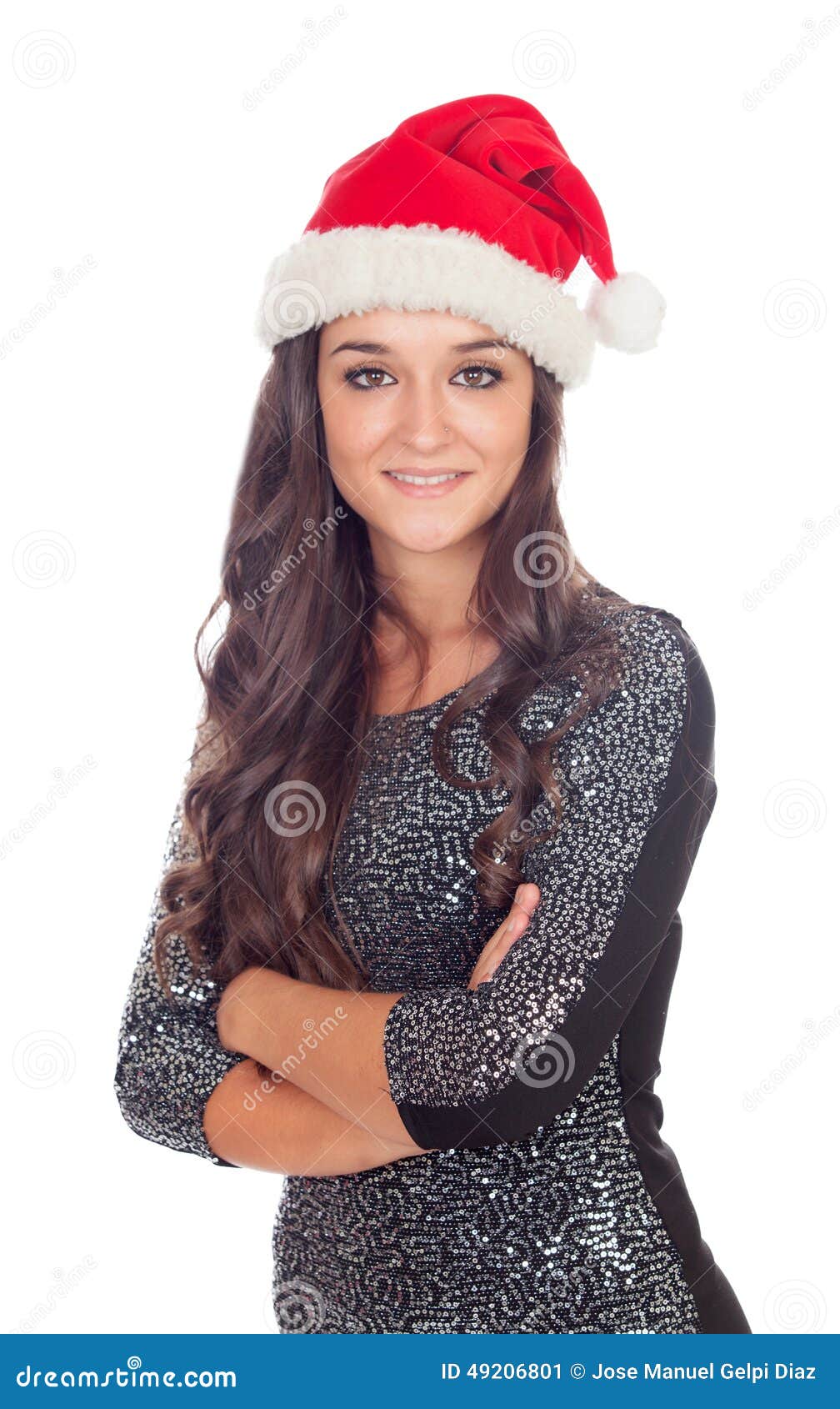 Attractive Brunette Girl With Christmas Hat Stock Image Image Of