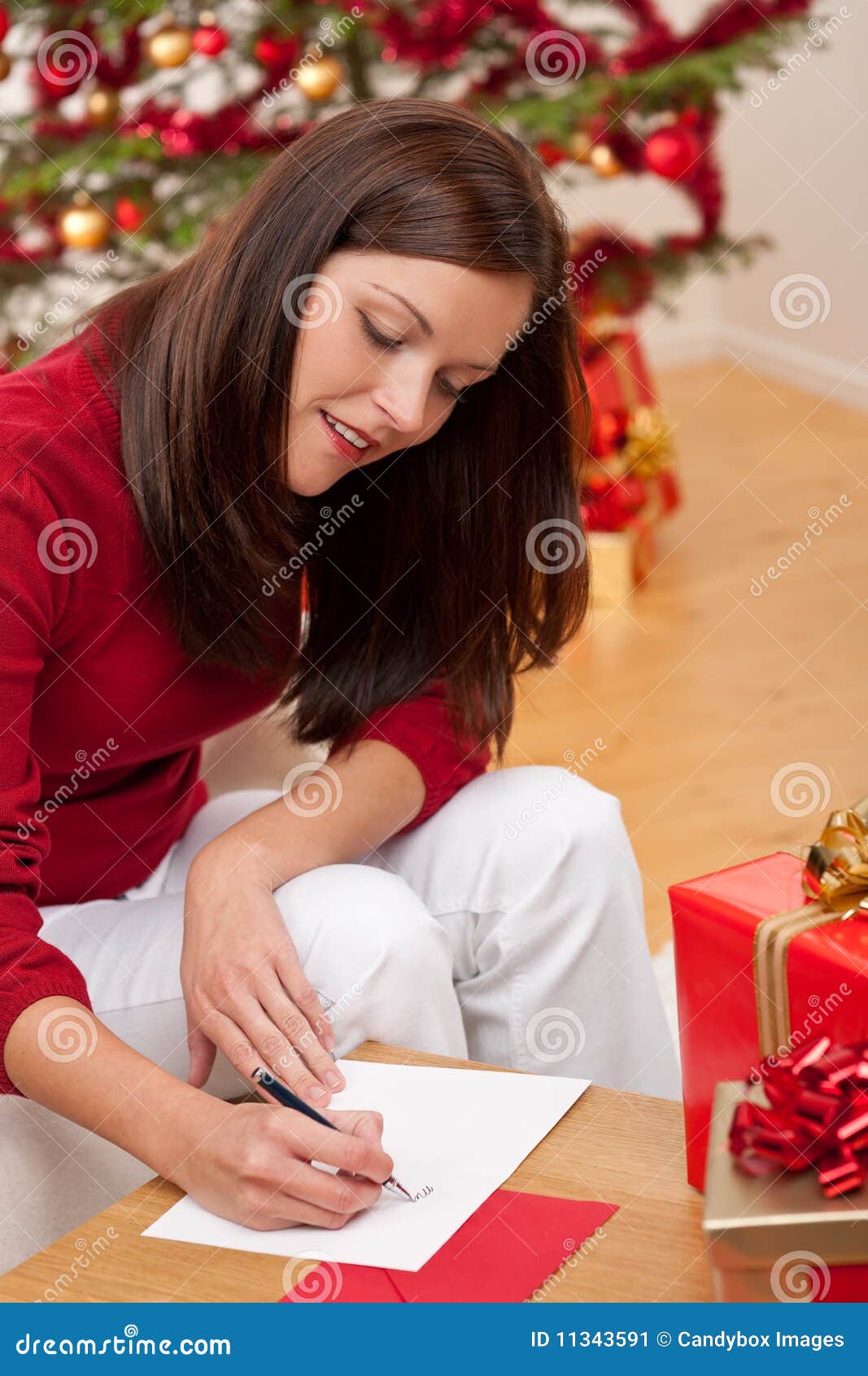 Attractive Brunette Writing Christmas Cards Stock Image - Image of ...