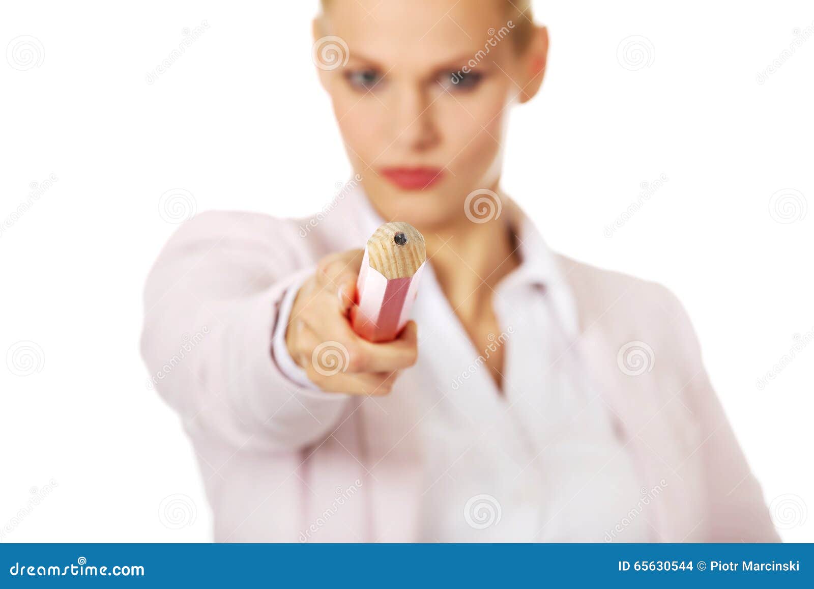 Attractive Business Woman Pointing on Camera with Oversized Pen Stock ...