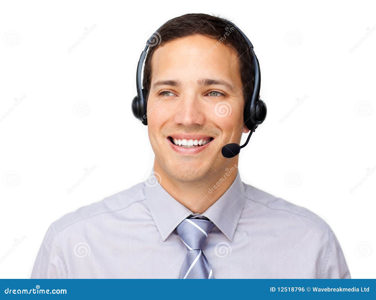 Attractive Businessman Talking on Headset Stock Photo - Image of copy ...