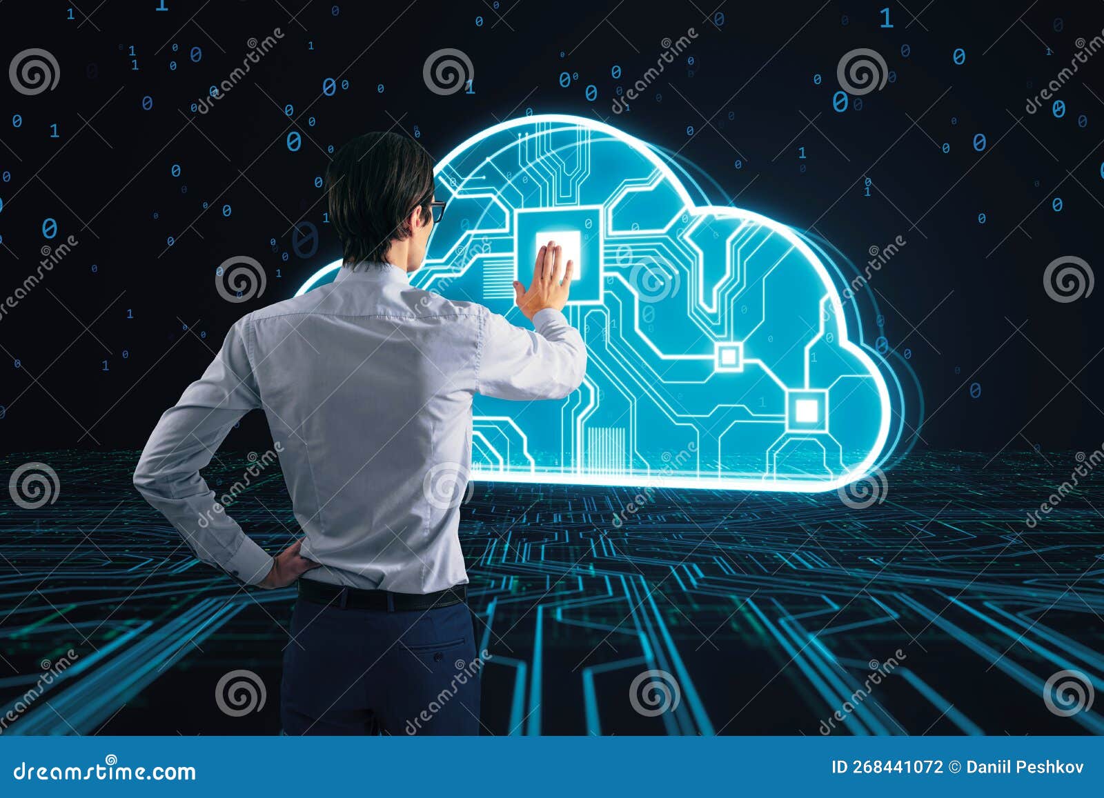 Attractive Businessman Using Glowing Cloud Computing Circuit Hologram ...