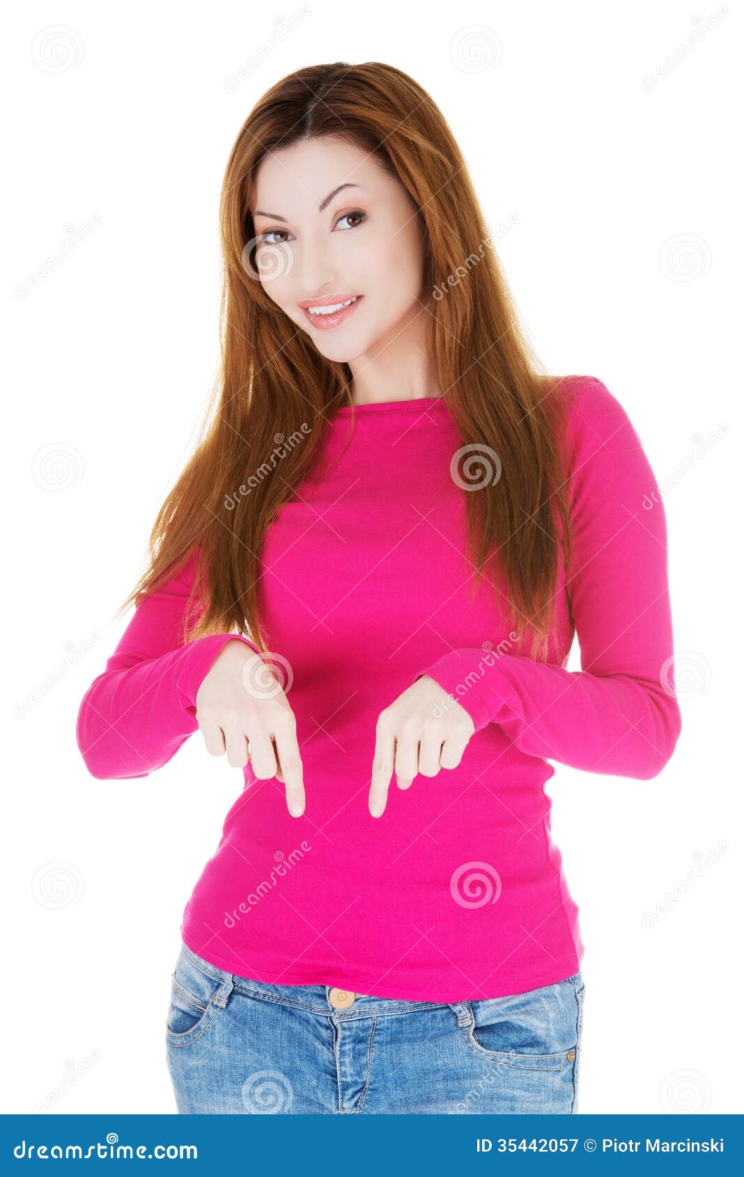 Attractive Casual Woman Pointing Down. Stock Image - Image of ...