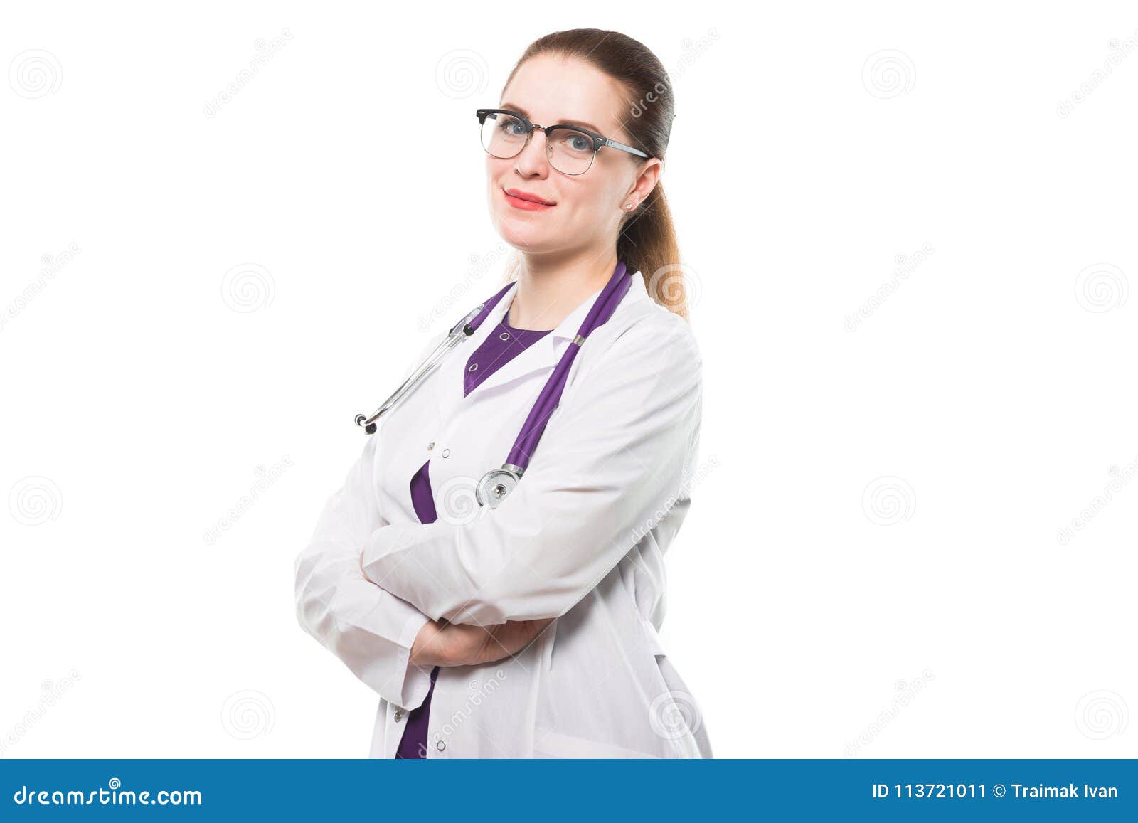 Attractive Caucasian Brunette Female Doctor Standing In Office Smiling