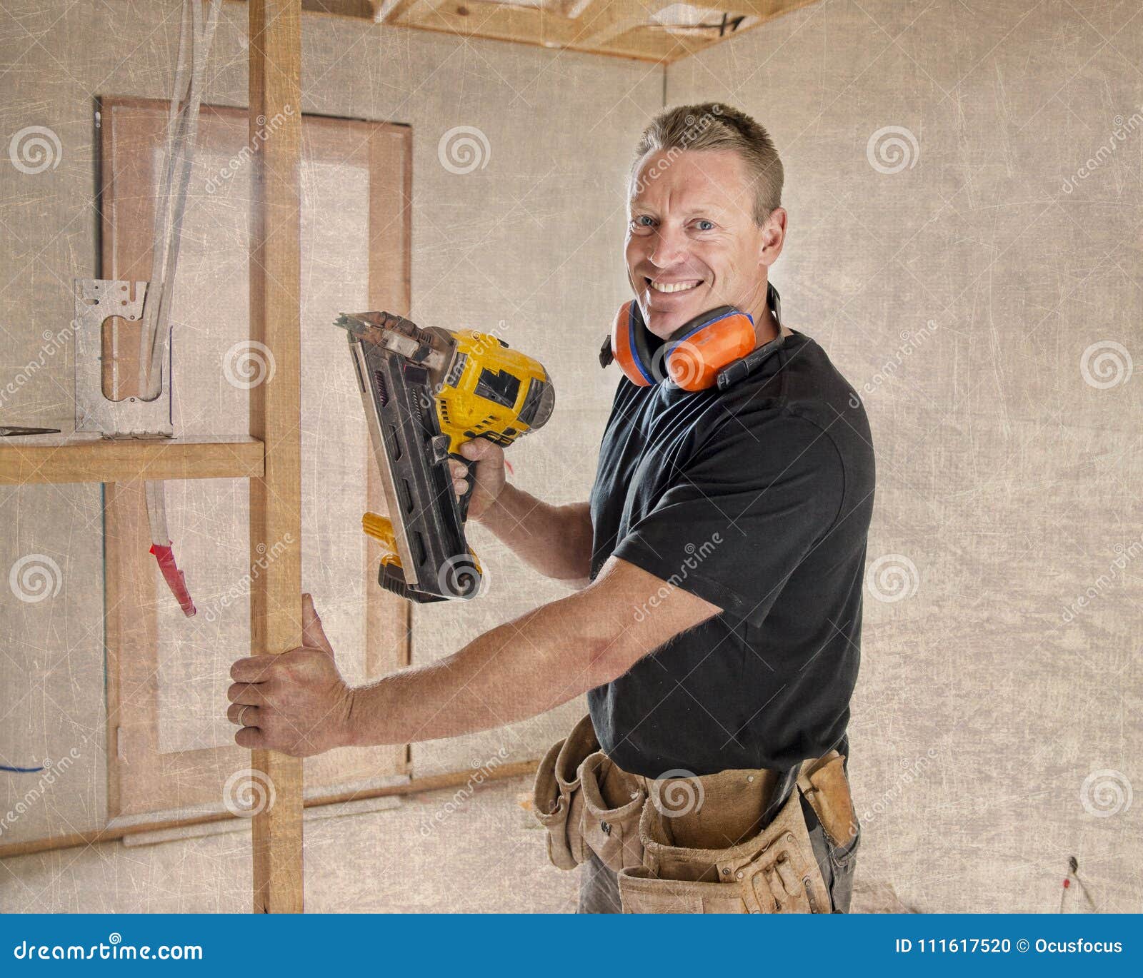 Confident Constructor Carpenter or Builder Man Working Wood with ...