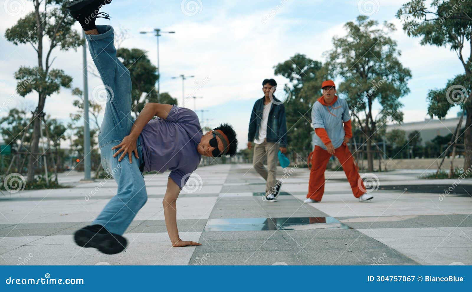 Attractive Dancer Perform Break Dance in Front of Friend Cheering ...