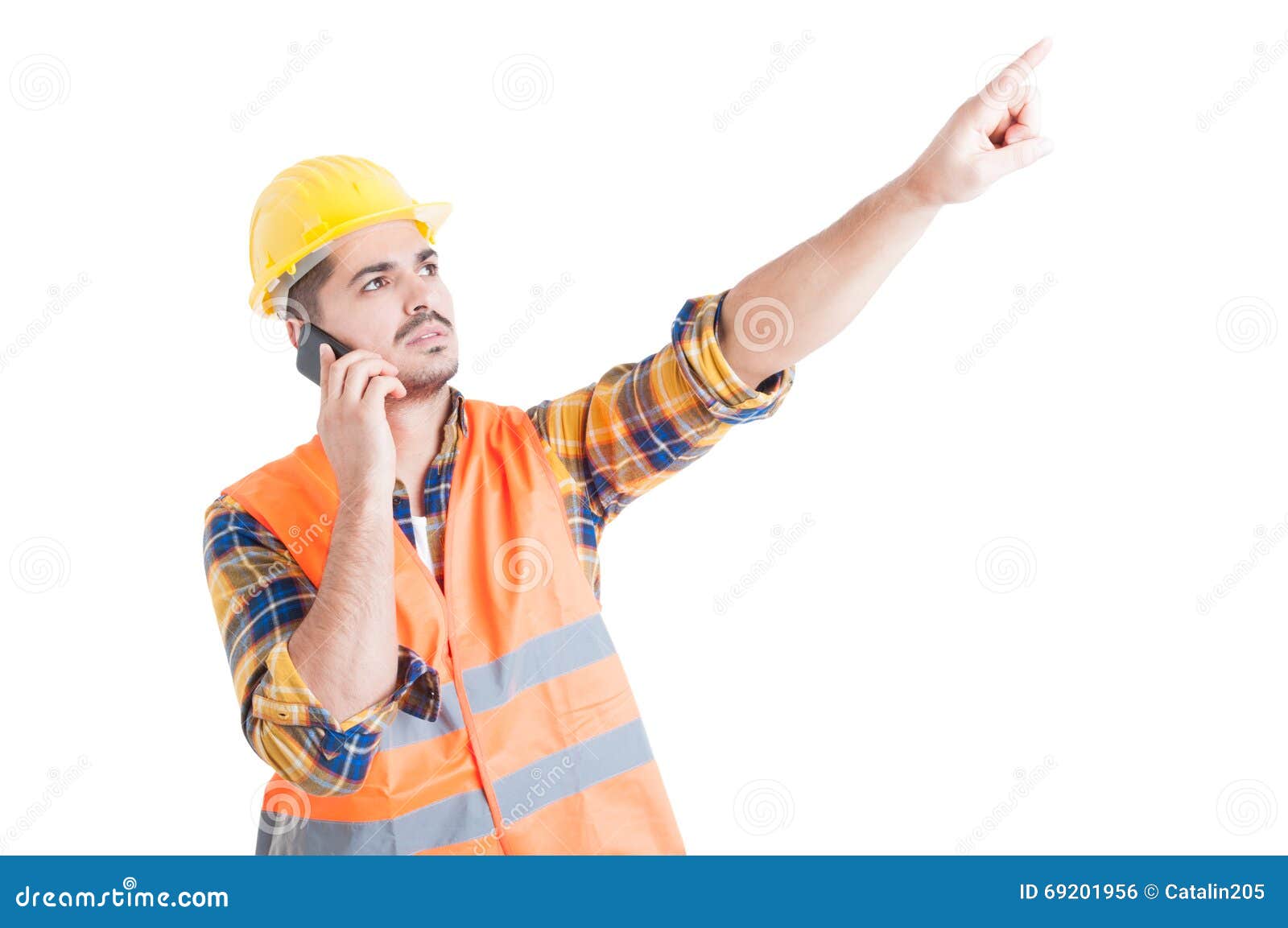 Attractive Engineer Pointing Finger Upwards while Using Cellphone Stock ...
