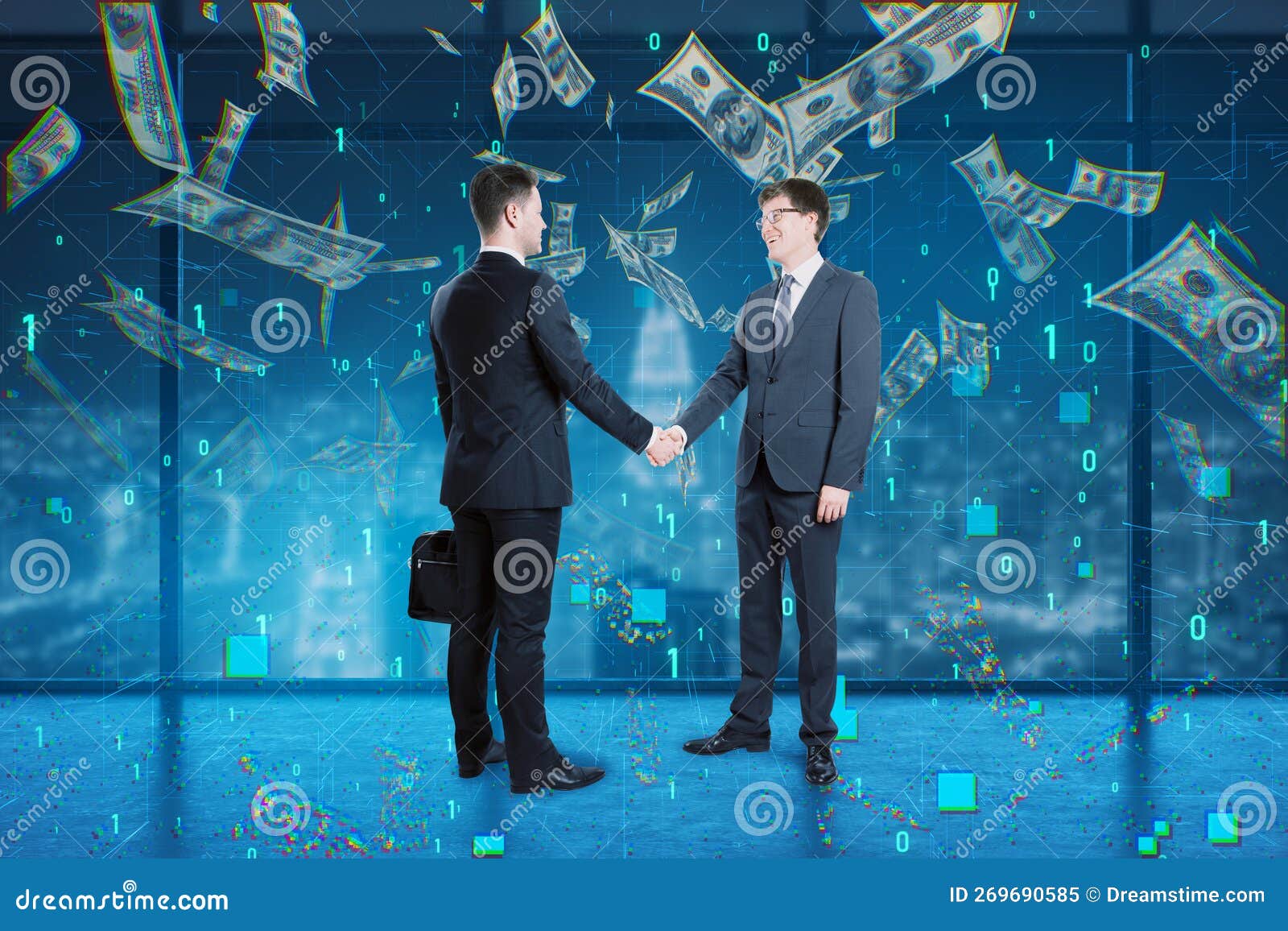 Attractive European Businessmen Shaking Hands in Interior with Digital ...