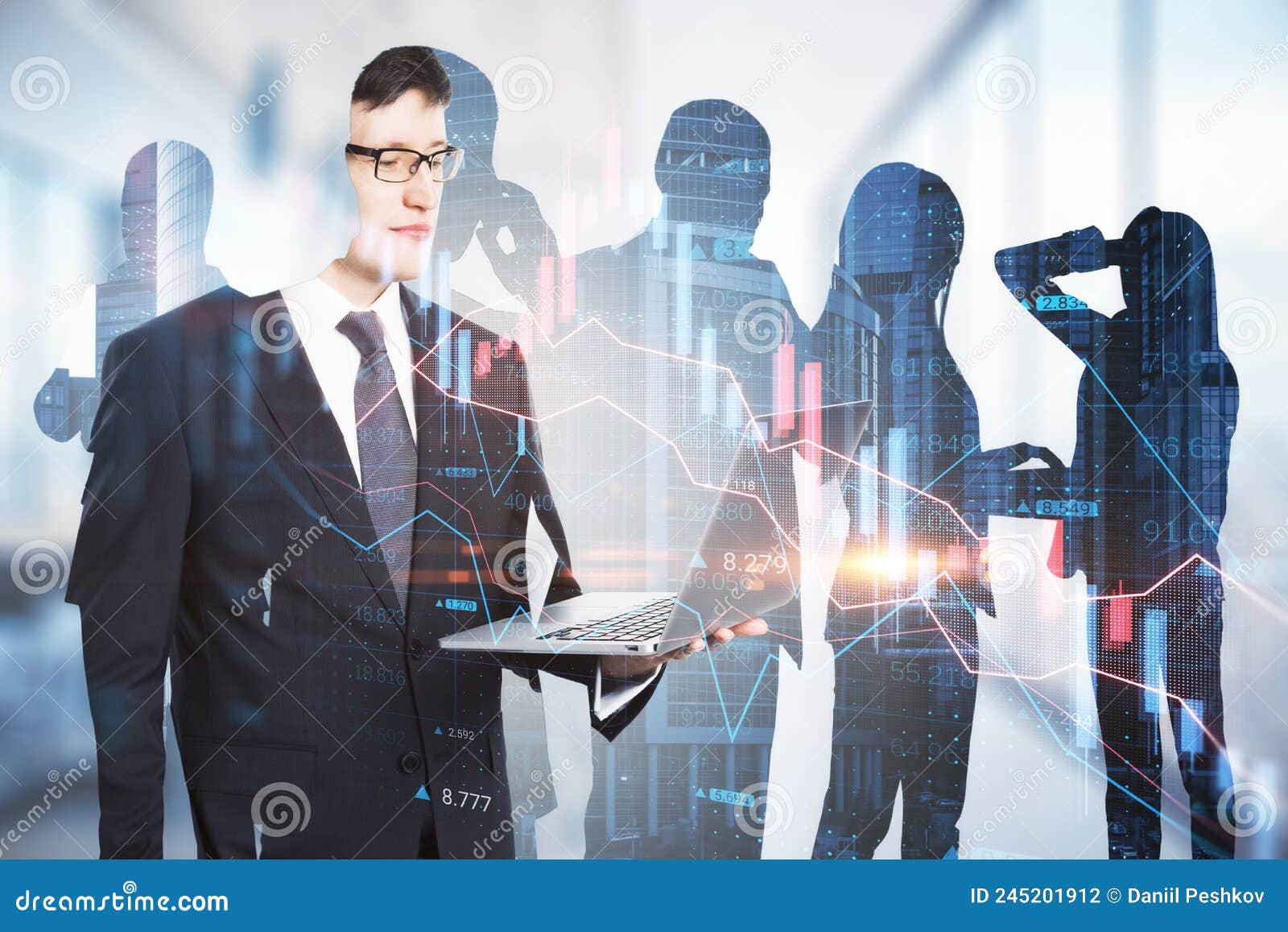 Attractive European Businesspeople Using Devices on Abstract Office ...