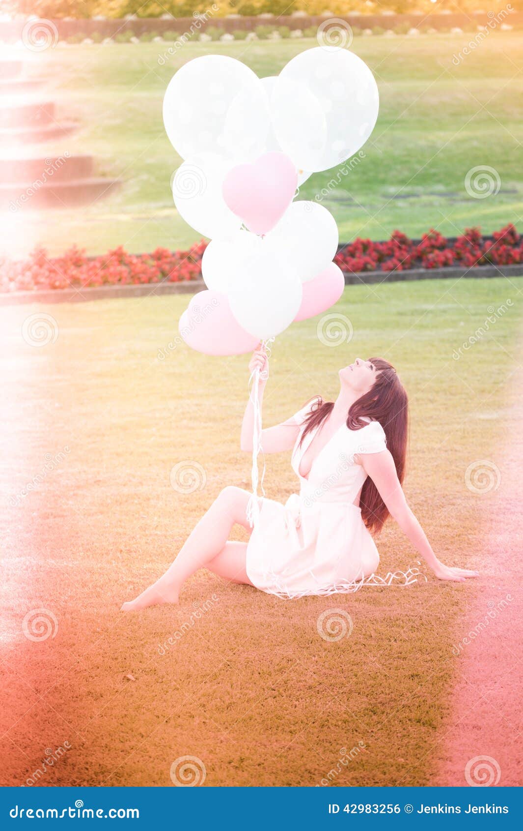 Attractive Female Dreaming with Balloons Stock Photo - Image of mood ...