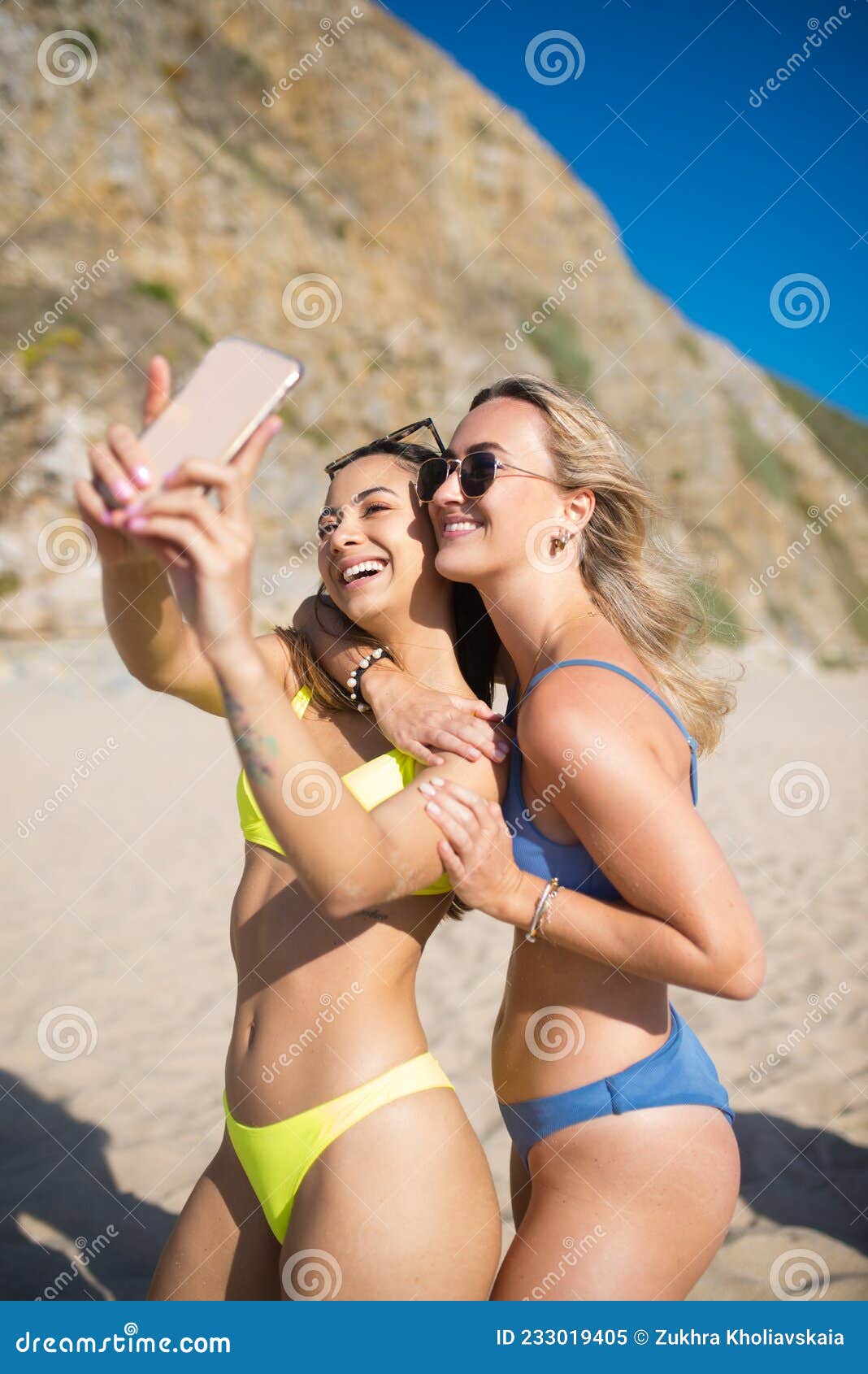 Attractive Female Friends Making Selfie At Beach Party Stock Image
