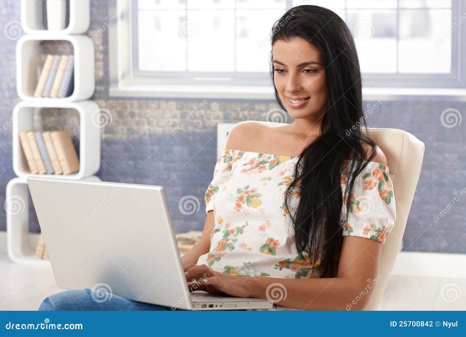 Attractive Female with Laptop Computer Smiling Stock Photo - Image of ...