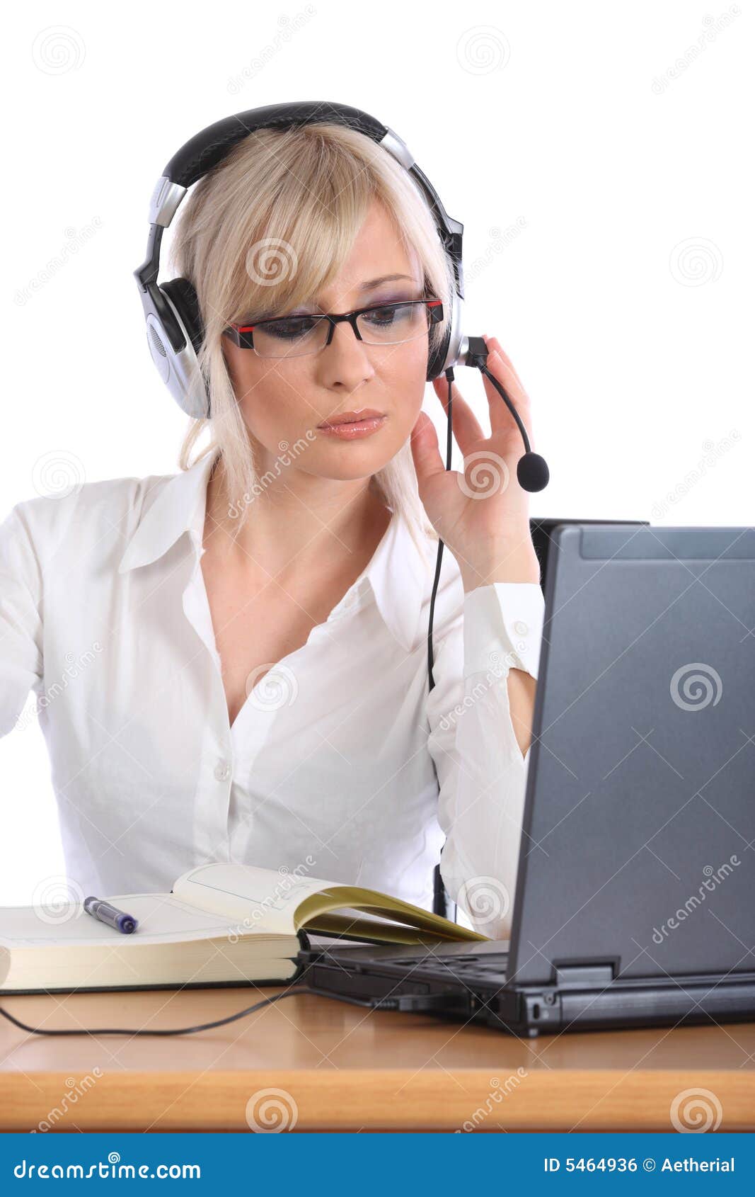 Attractive Female Operator with Headset Working Stock Photo - Image of ...