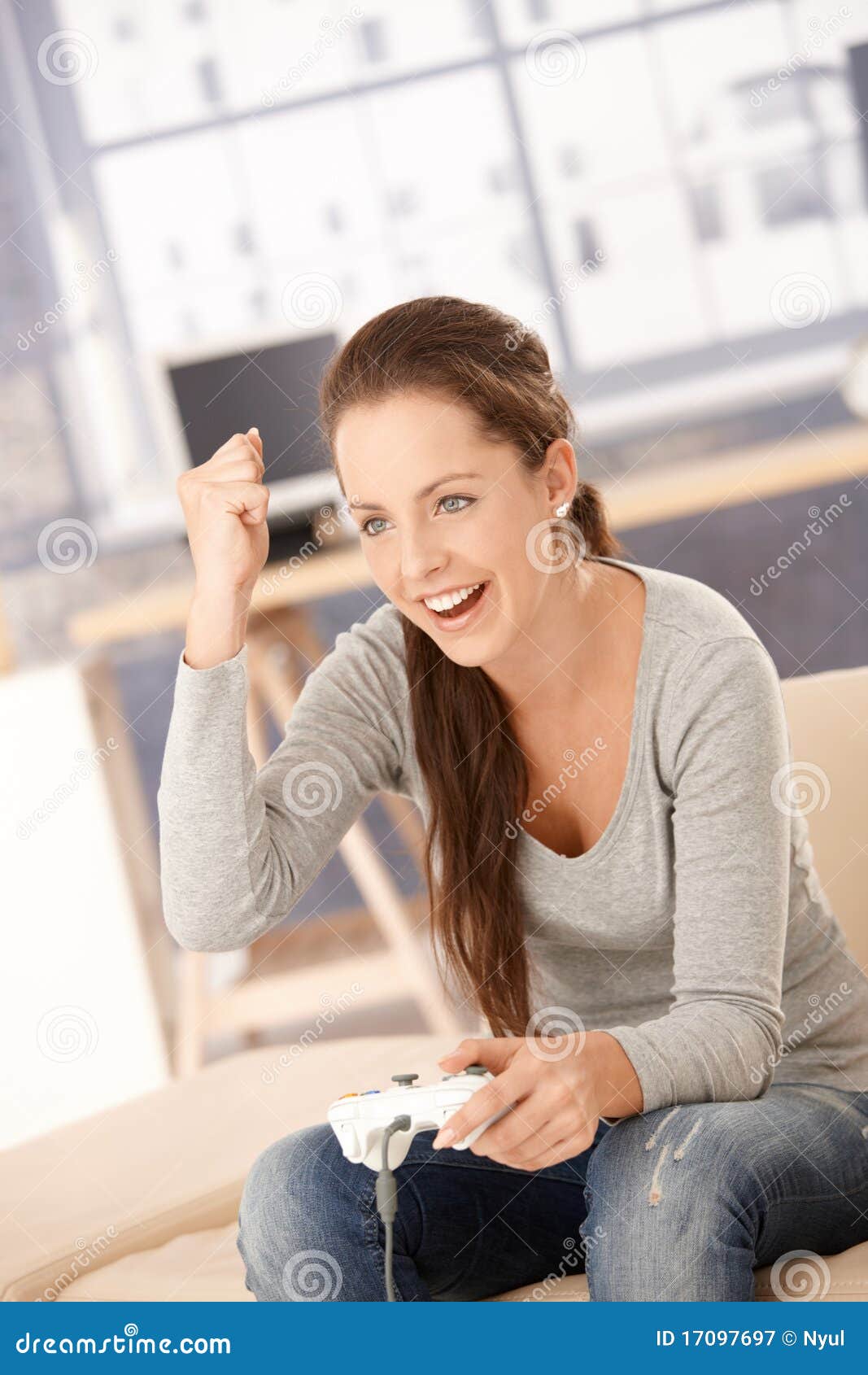 Attractive Female Playing Video Game at Home Stock Image - Image of ...