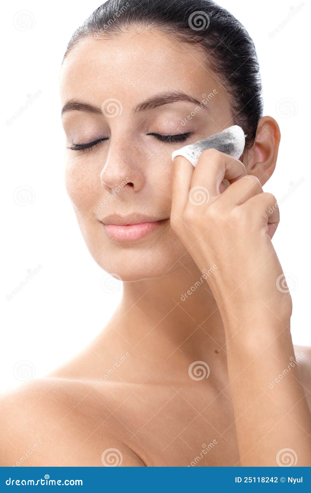 Attractive Female Removing Eye Make Up Stock Photo - Image of freckles ...