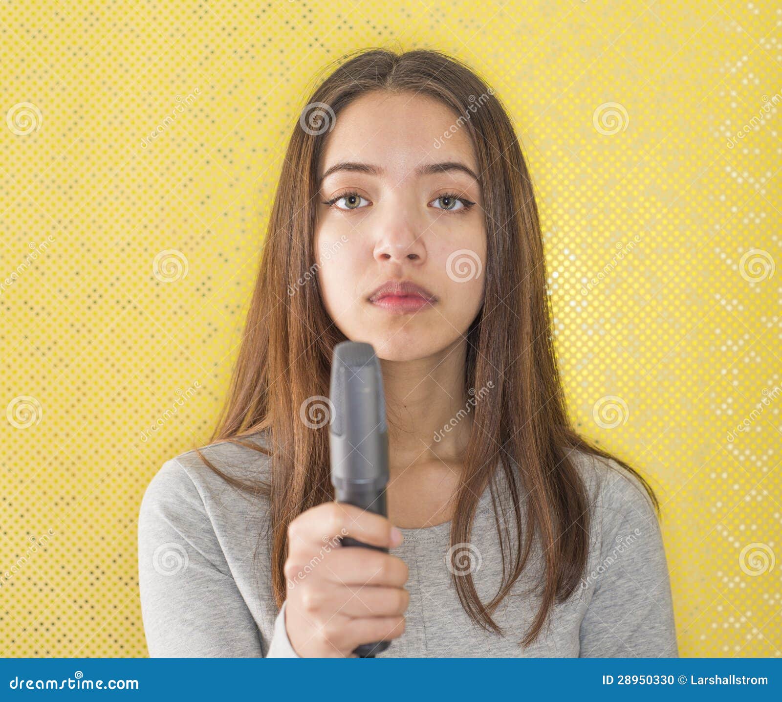 Attractive Female Reporter Holding Microphone Stock Photo - Image of ...