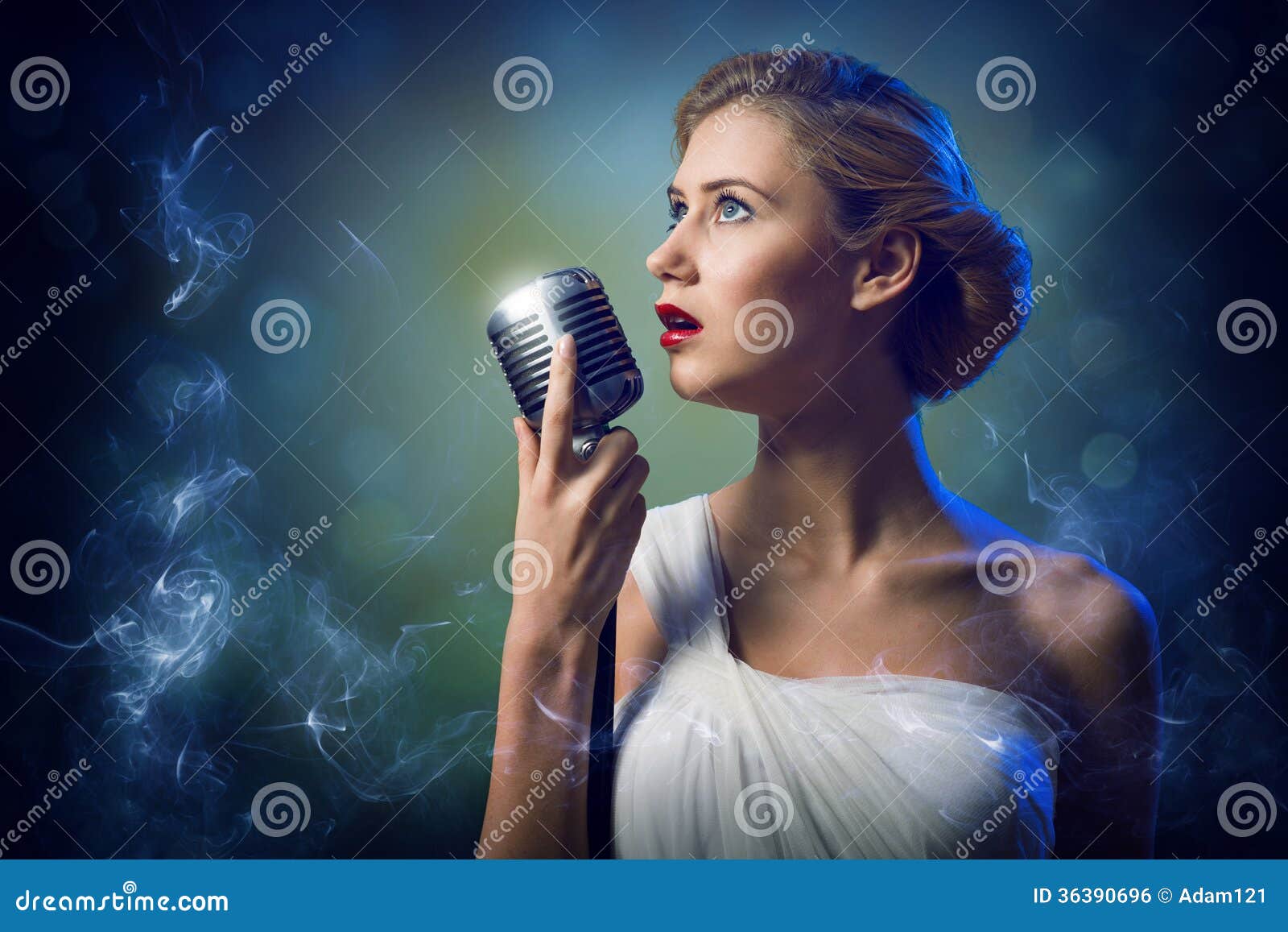 Attractive Female Singer with Microphone Stock Photo - Image of curly ...
