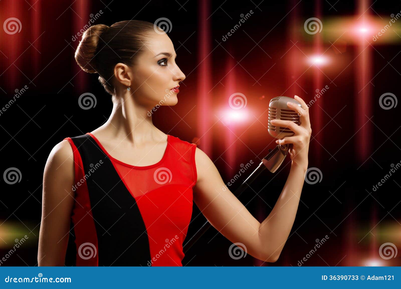 Attractive Female Singer with Microphone Stock Image - Image of ...