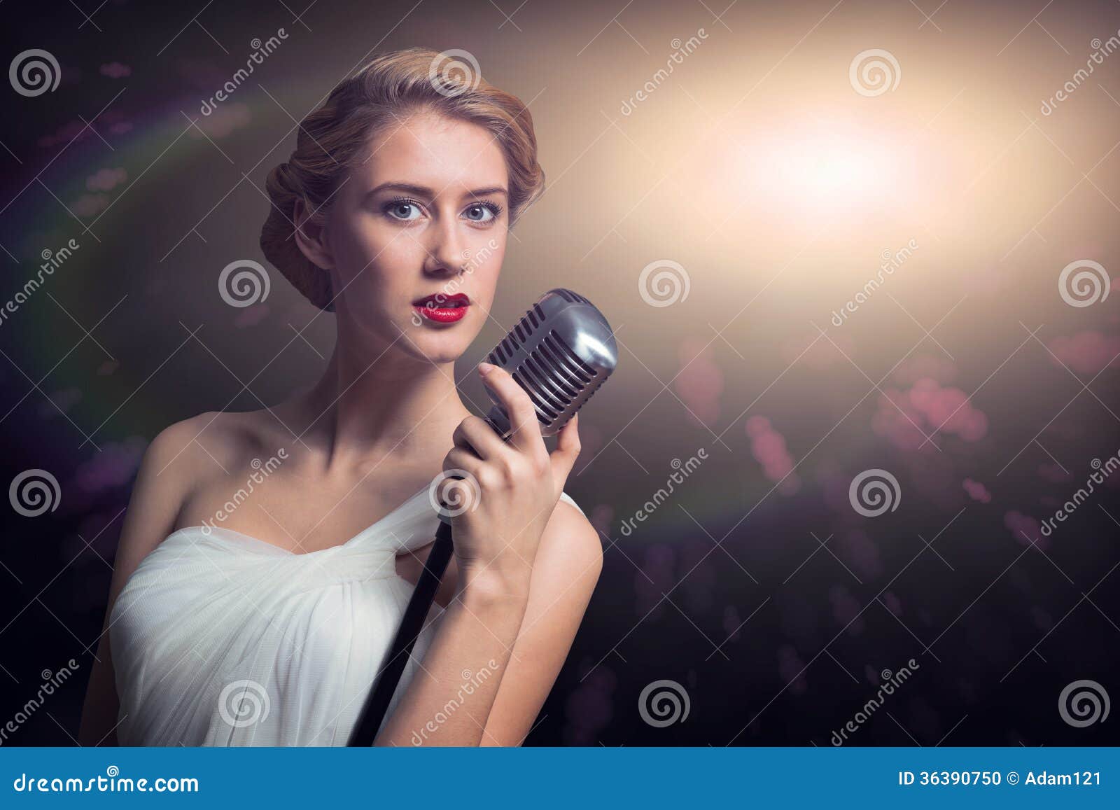 Attractive Female Singer with Microphone Stock Photo - Image of enjoy ...