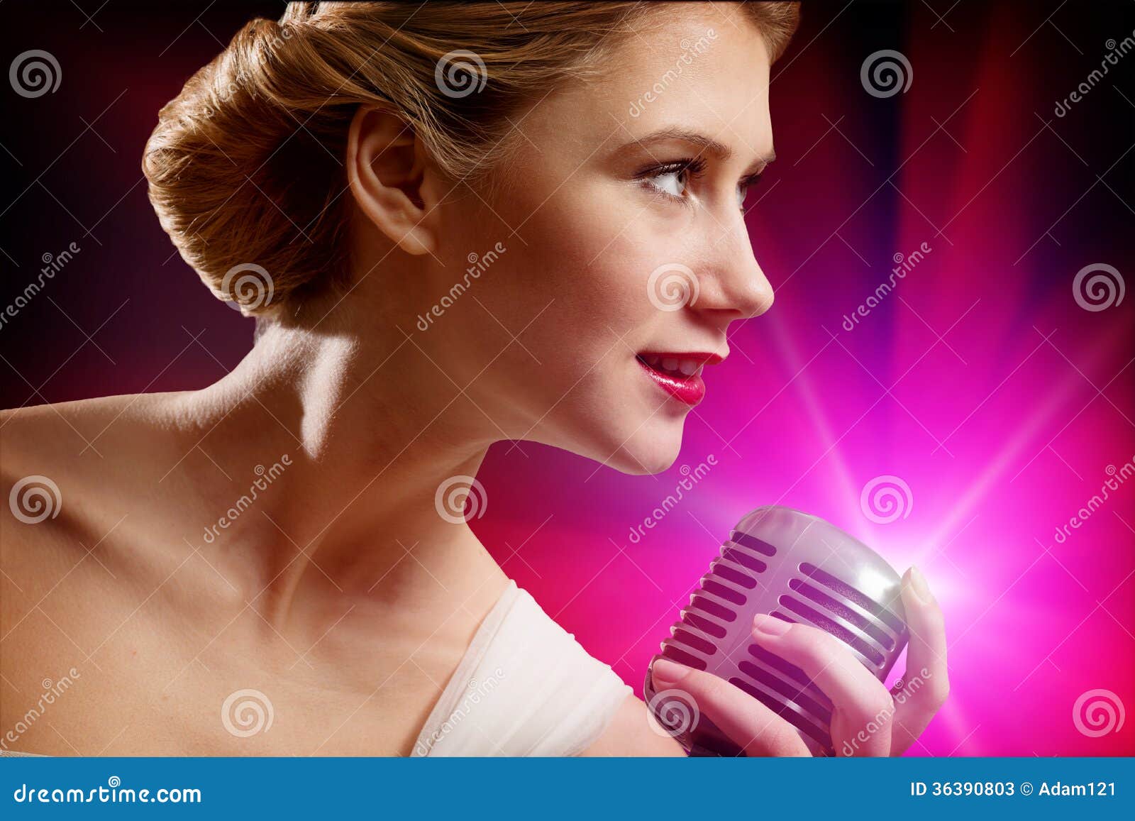 Attractive Female Singer with Microphone Stock Image - Image of copy ...