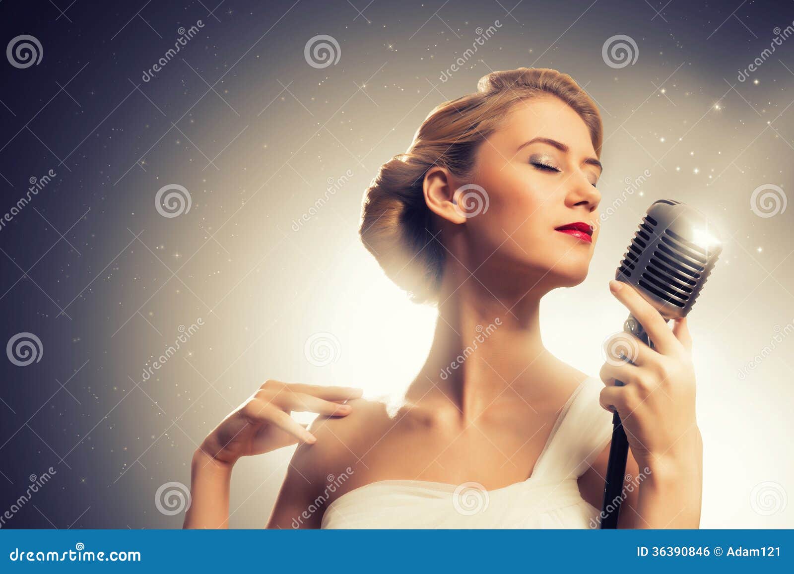 Attractive Female Singer with Microphone Stock Photo - Image of event ...