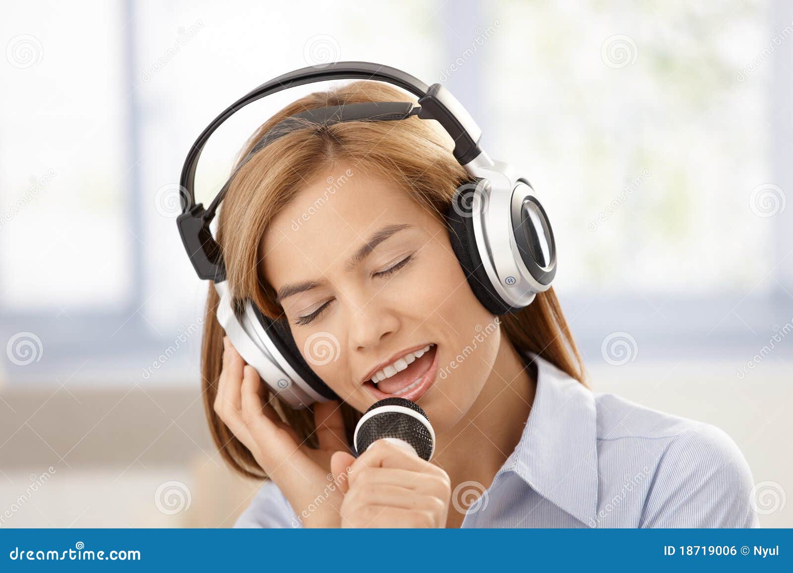 Attractive Female Singing with Joy Smiling Stock Photo - Image of face ...